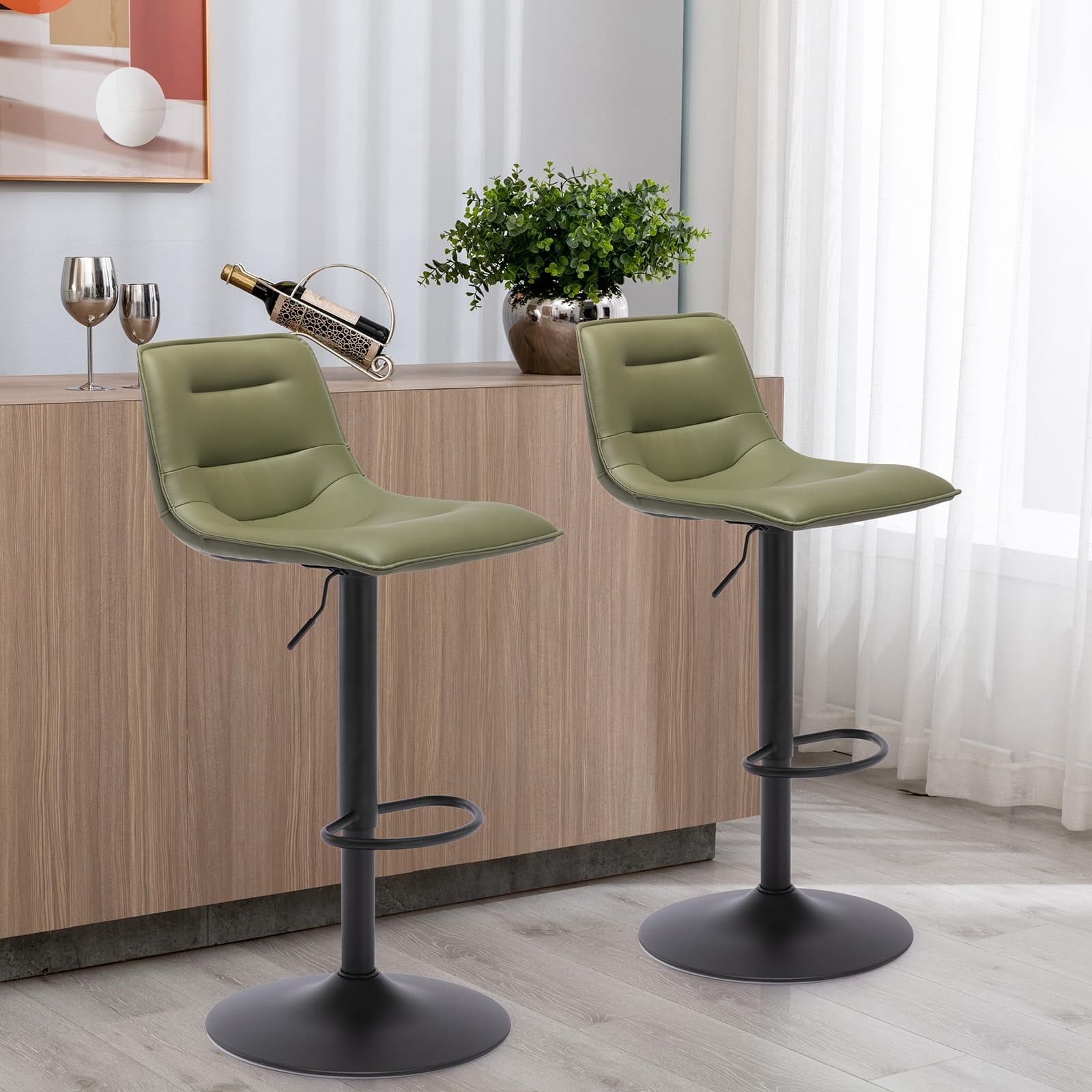 Bar Stools Set of 2, Adjustable Swivel PU Leather Barstools with Back ...