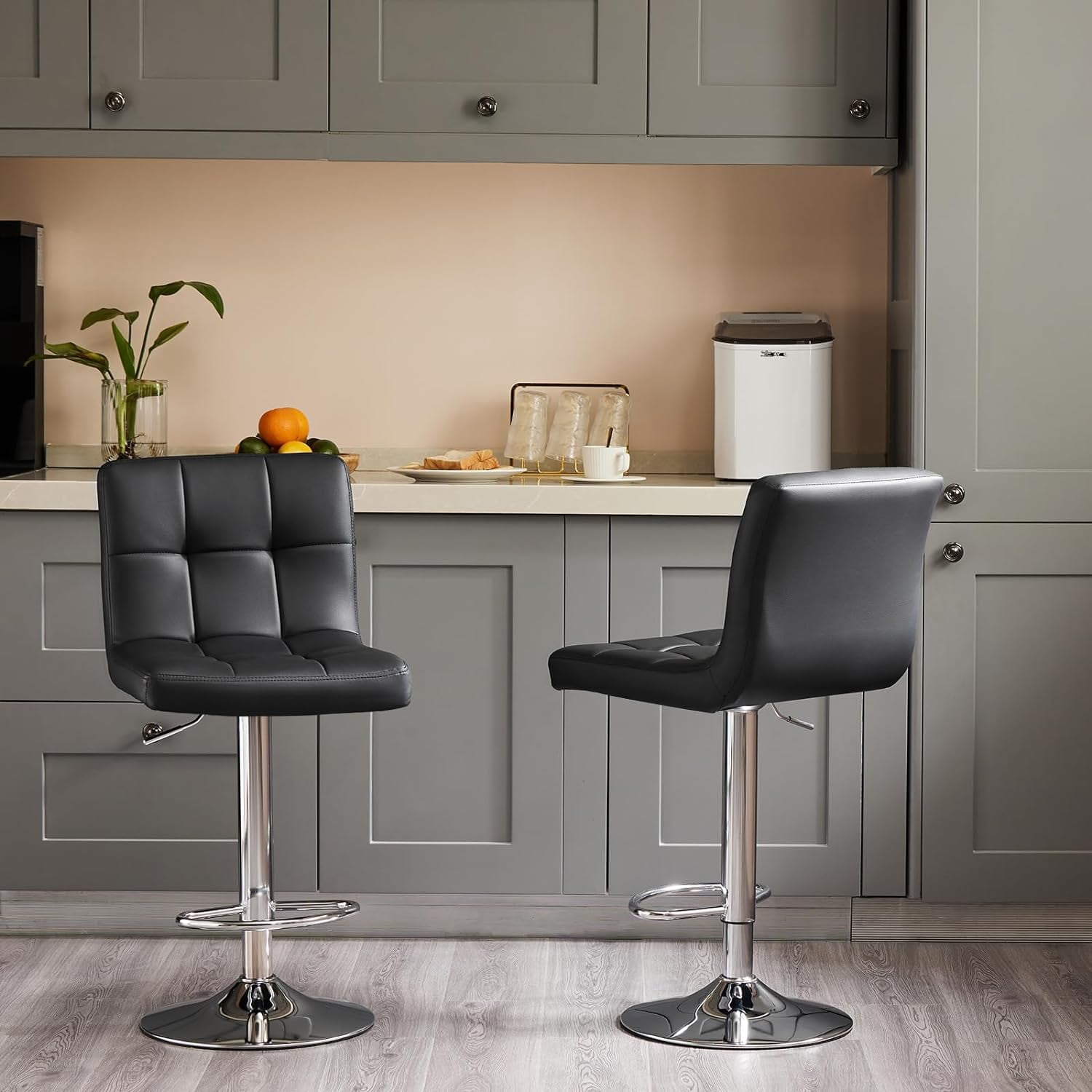 Bar Stools Set of 2, Armless PU Leather Adjustable Swivel Barstools ...