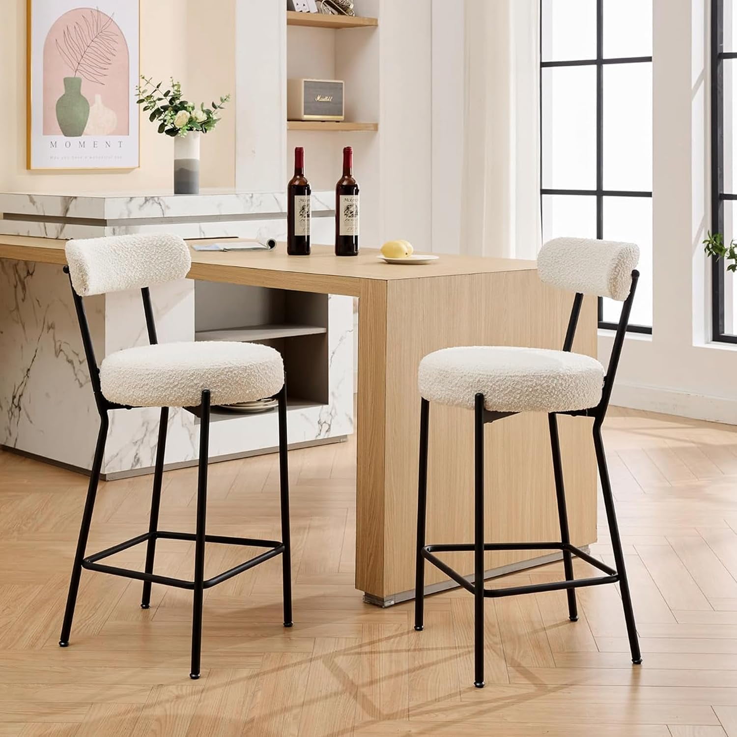 Bar Stools Set of 2, Boucle Counter Stools with Back for 2 People ...