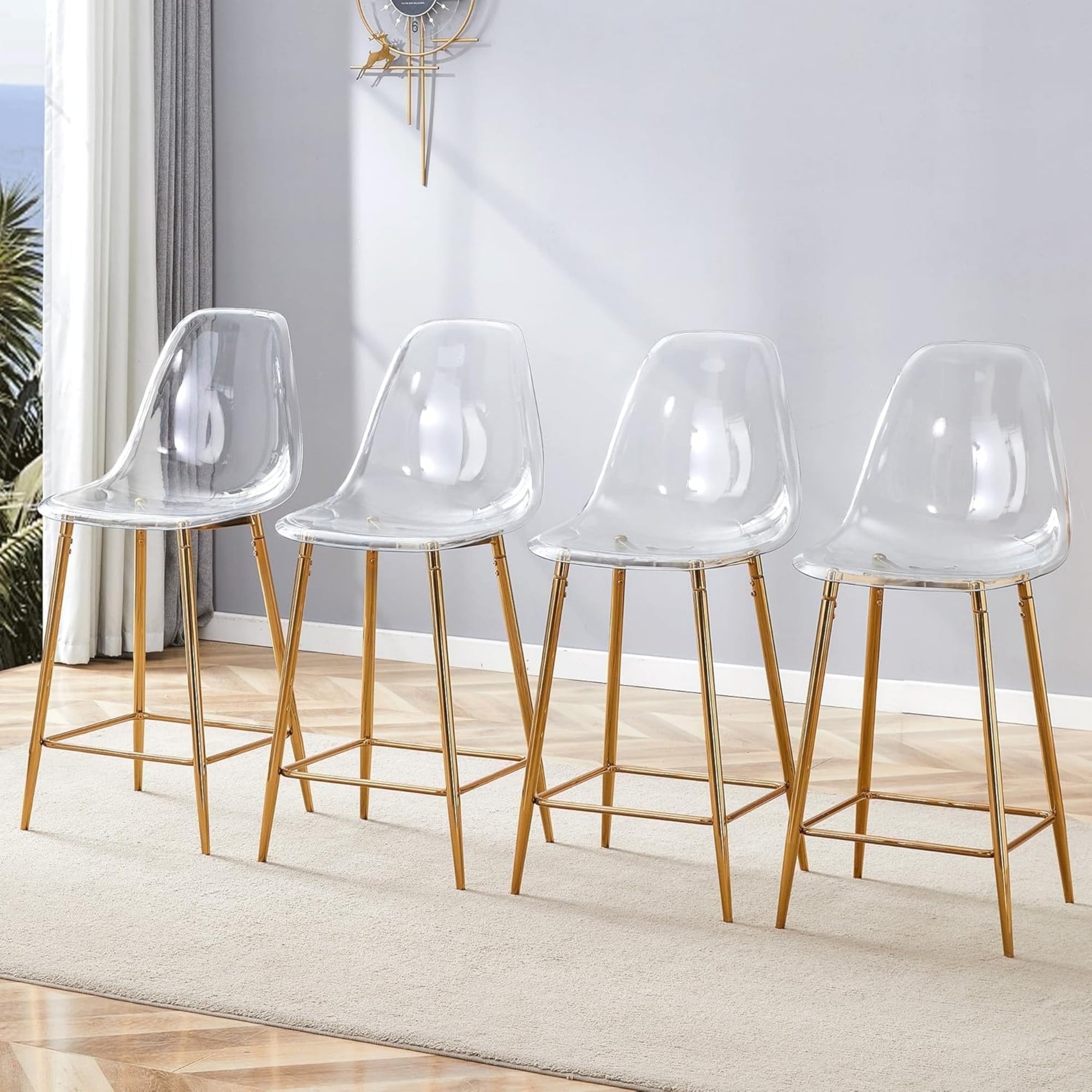 SUDICA 4-Piece Counter Height Clear Acrylic Bar Stools with Gold Metal ...