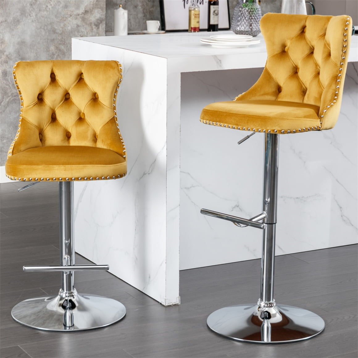 Bar Stools, Set of 2 Counter Height Bar Stools, Golden Swivel Velvet ...