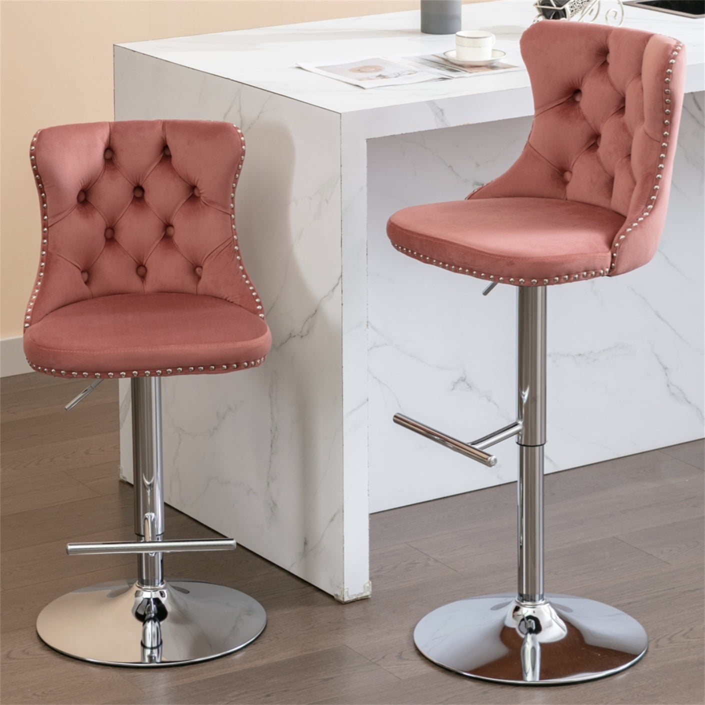 Bar Stools, Set of 2 Counter Height Bar Stools, Golden Swivel Velvet ...