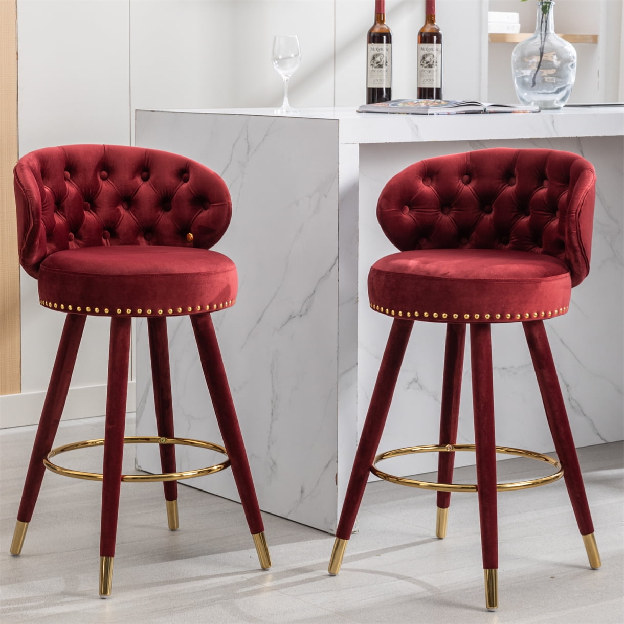 Bar Stools Set of 2, Counter Height Bar Stools with Solid Wood Legs ...