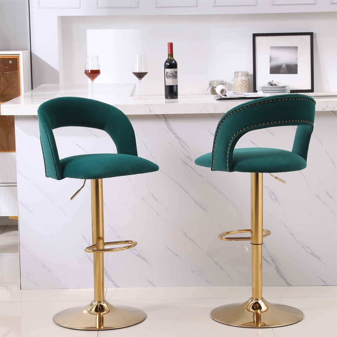 Bar Stools Set of 2 with Footrest, Swivel Velvet Counter Height Bar ...