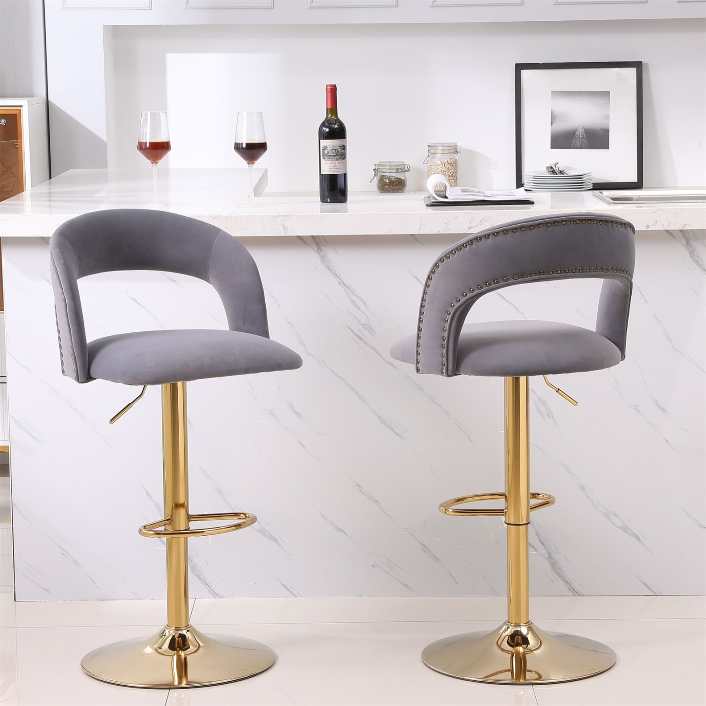 Bar Stools Set of 2 with Footrest, Swivel Velvet Counter Height Bar ...