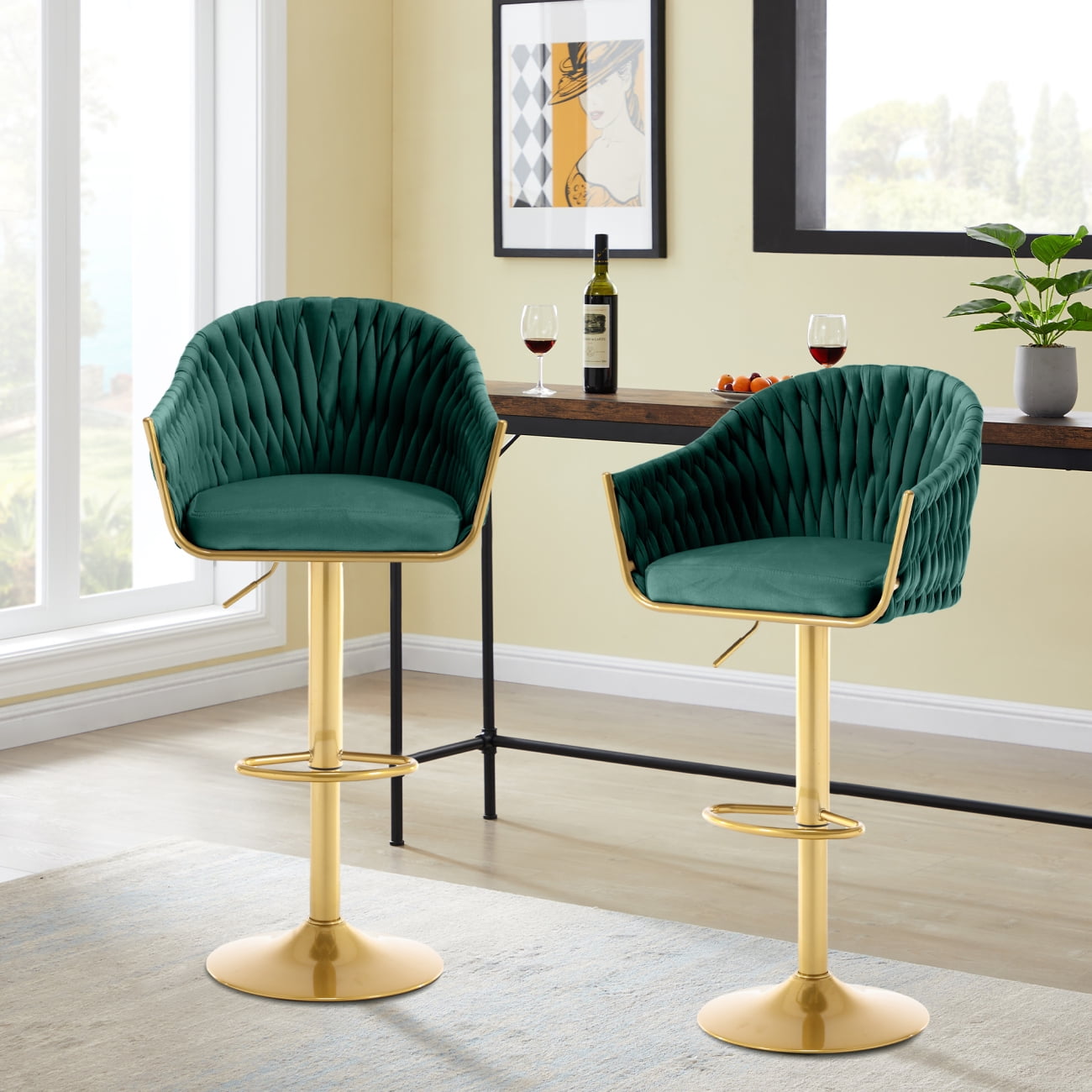 Bar Stools Set of 2 with Height-Adjustable Handle, Velvet Swivel Chair ...