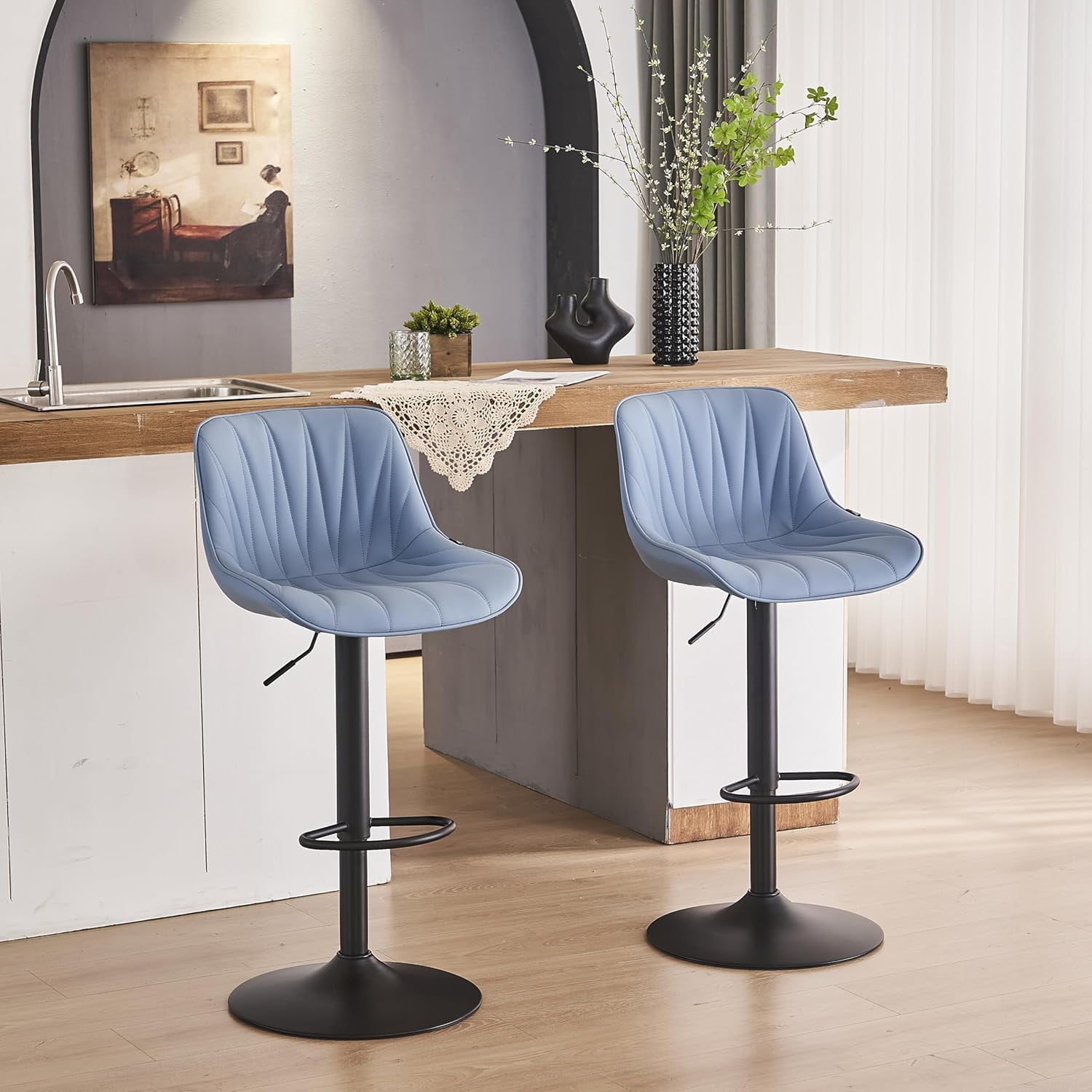 Bar Stools Set of 2 for Kitchen Island, Blue Faux Leather Padded ...