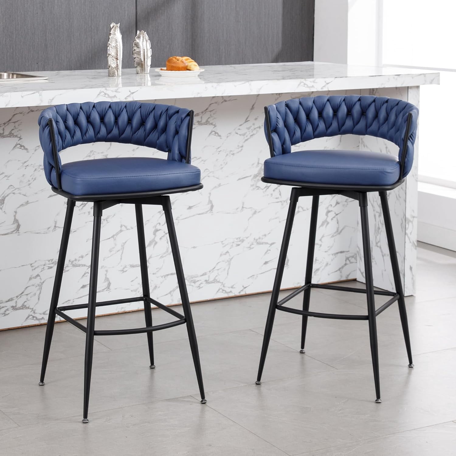 Bar Stools Set of 2, Modern Faux Suede Barstools with Woven Back and ...