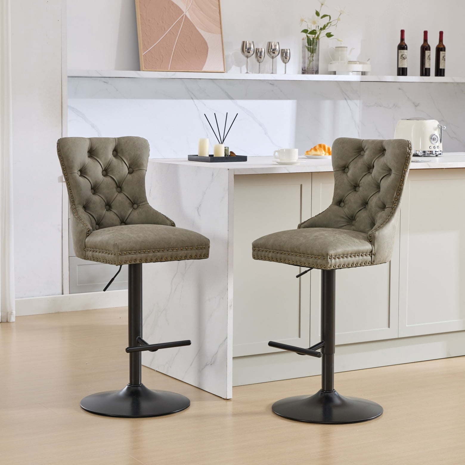 PU Leather Bar Stools Set of 2, Swivel Counter Height Barstools with ...