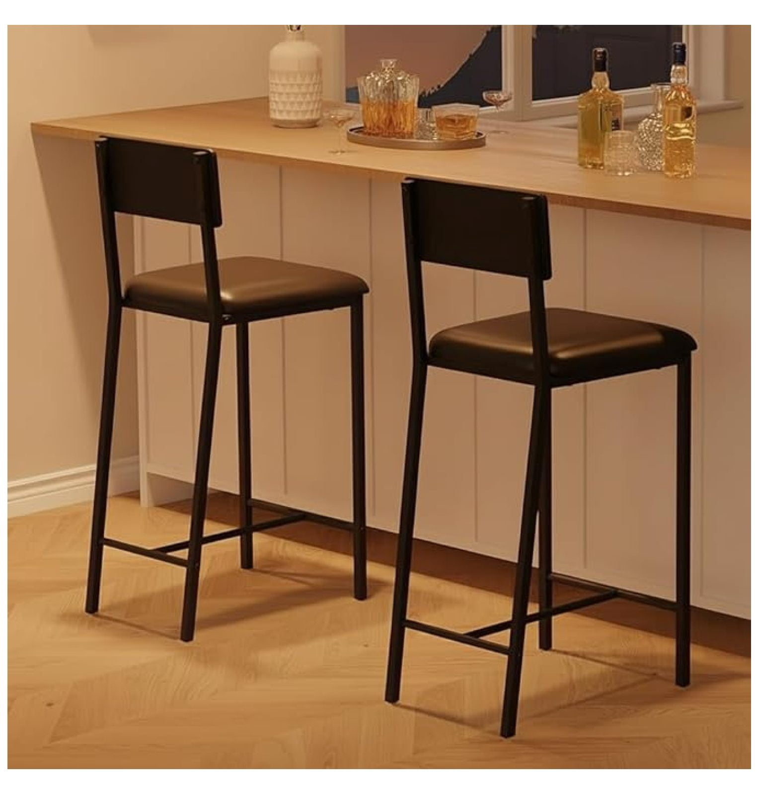 Bar Stools Set of 2, PU Upholstered Barstools with Footrest & Back, 2 ...