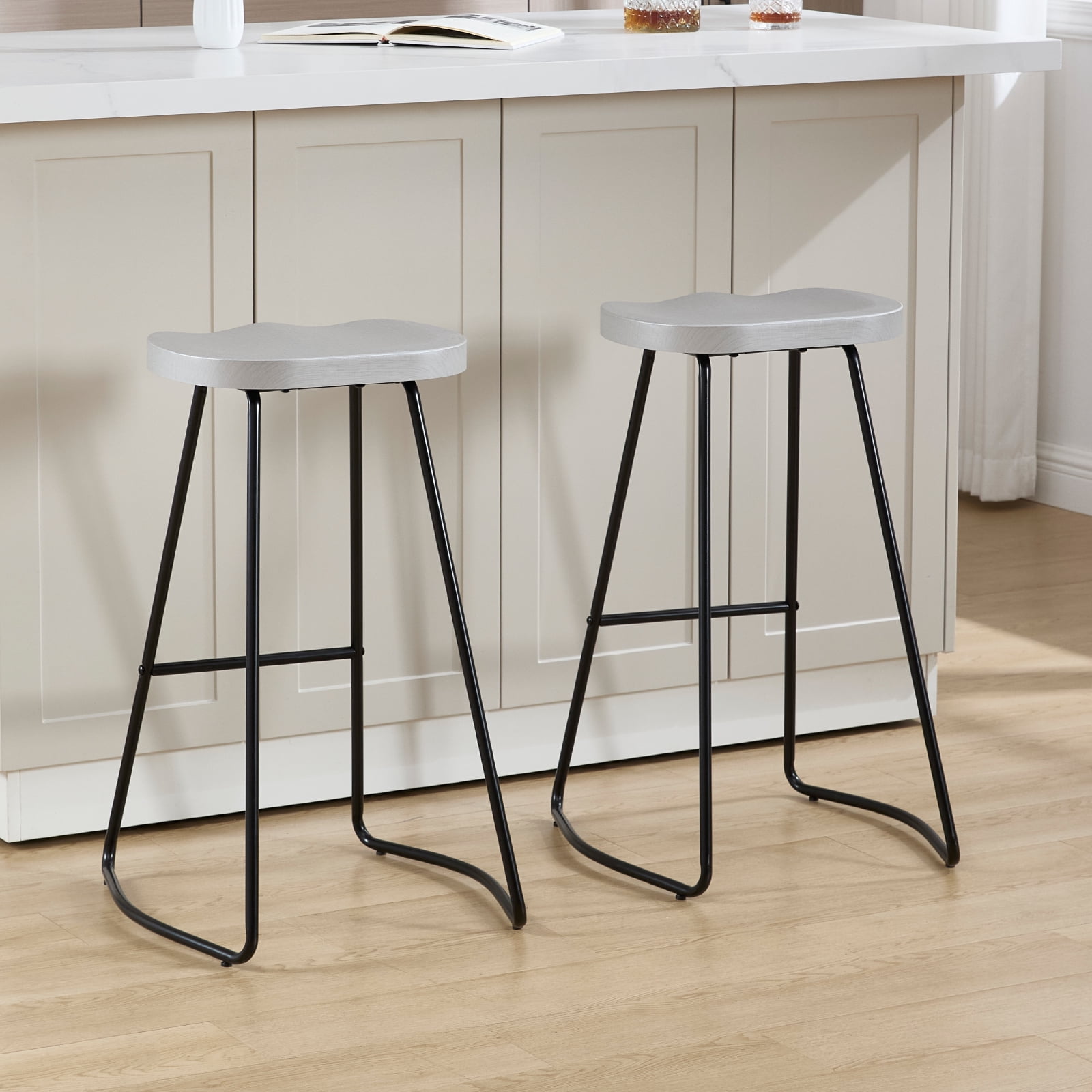 Bar Stools, Set of 2 Round Bar Chairs with Footrest, 28.7" Solid Wood ...