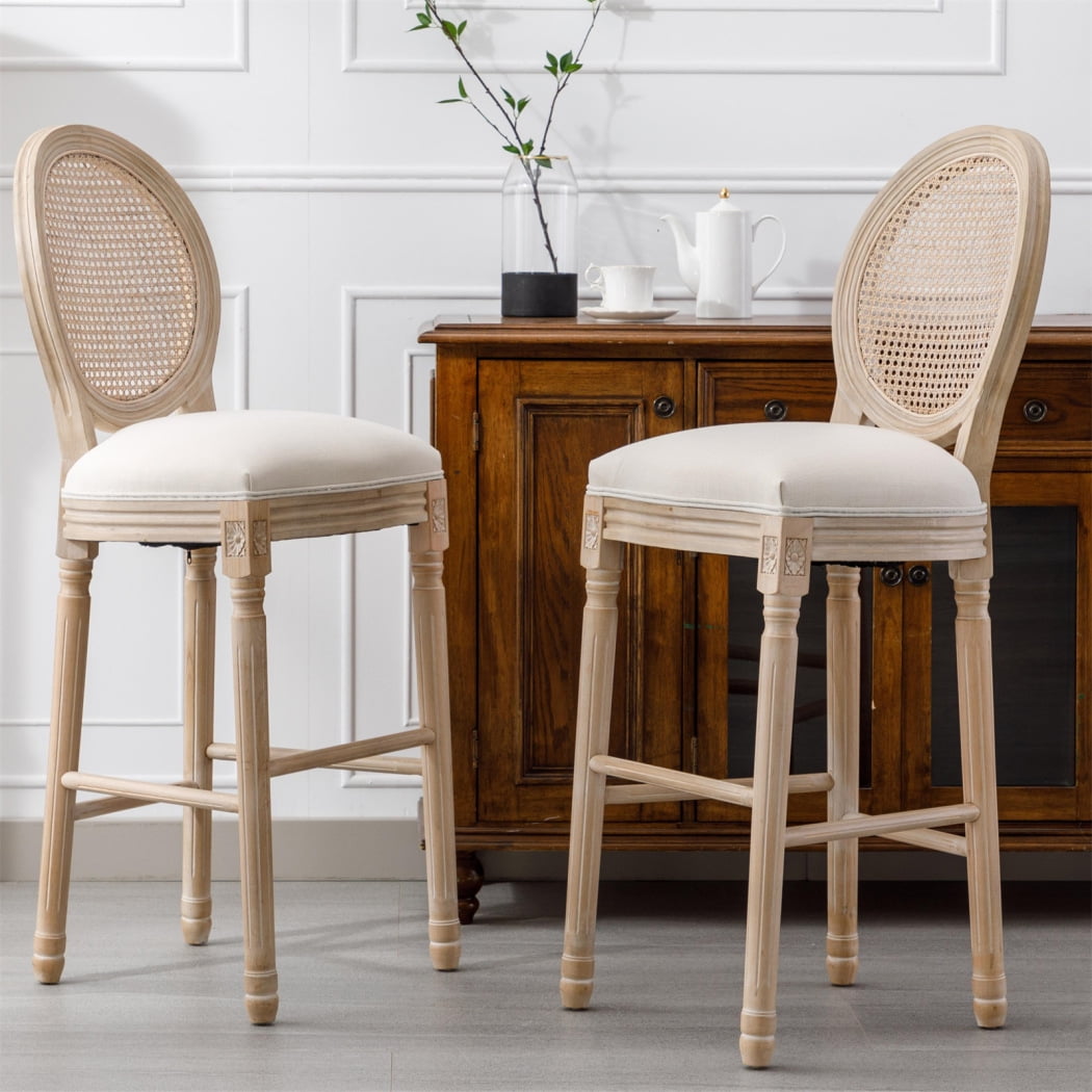 Bar Stools, Set of 2 Bar Stool Rattan Back with Upholstered Seating ...