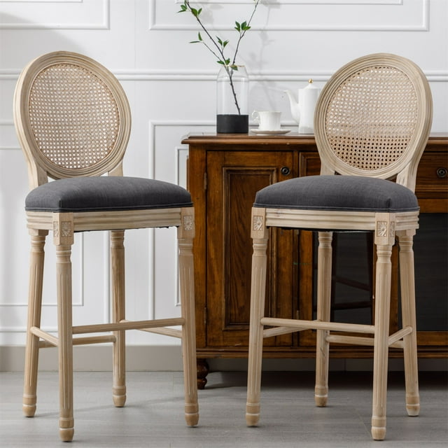 Bar Stools, Set of 2 Bar Stool Rattan Back with Upholstered Seating ...