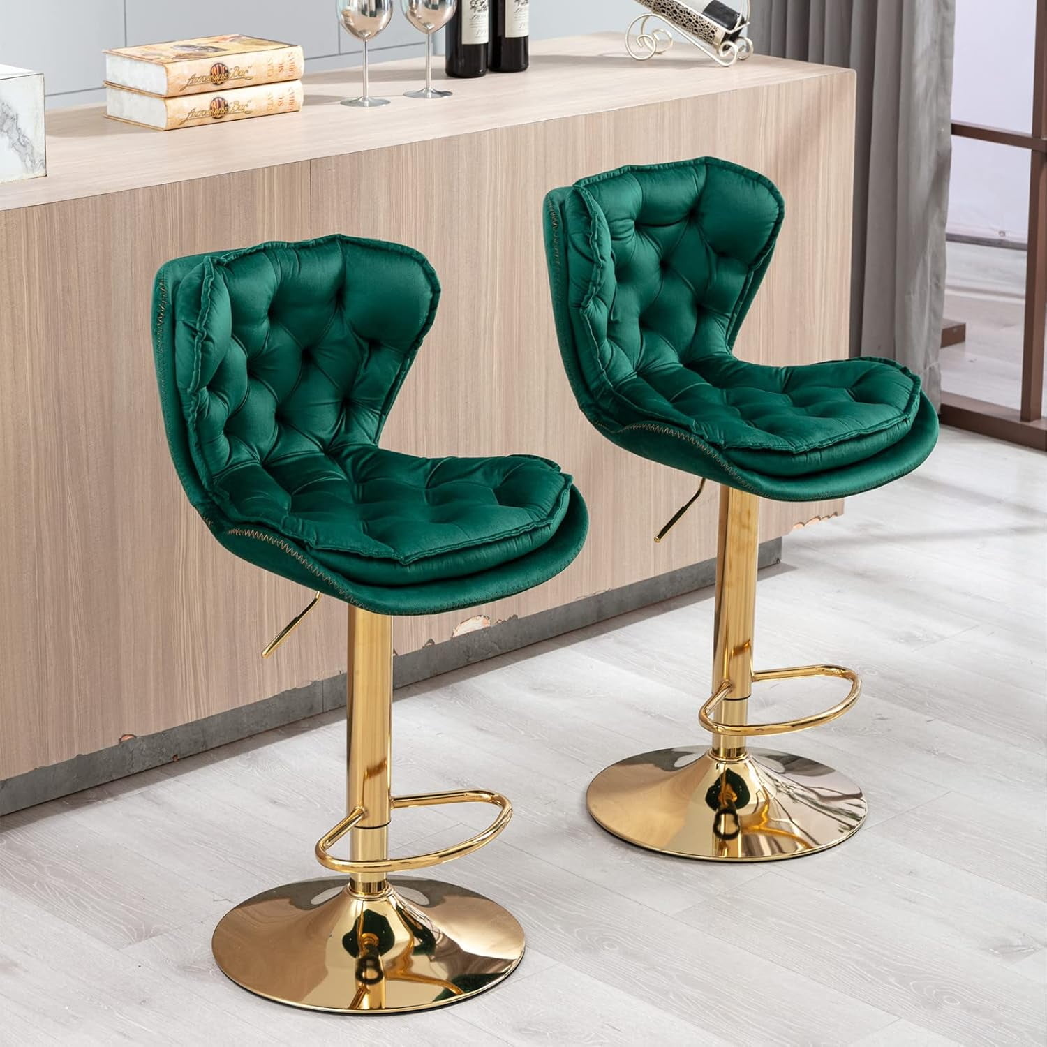 Bar Stools Set of 2, Swivel Bar Stools with Button Tufted Back ...