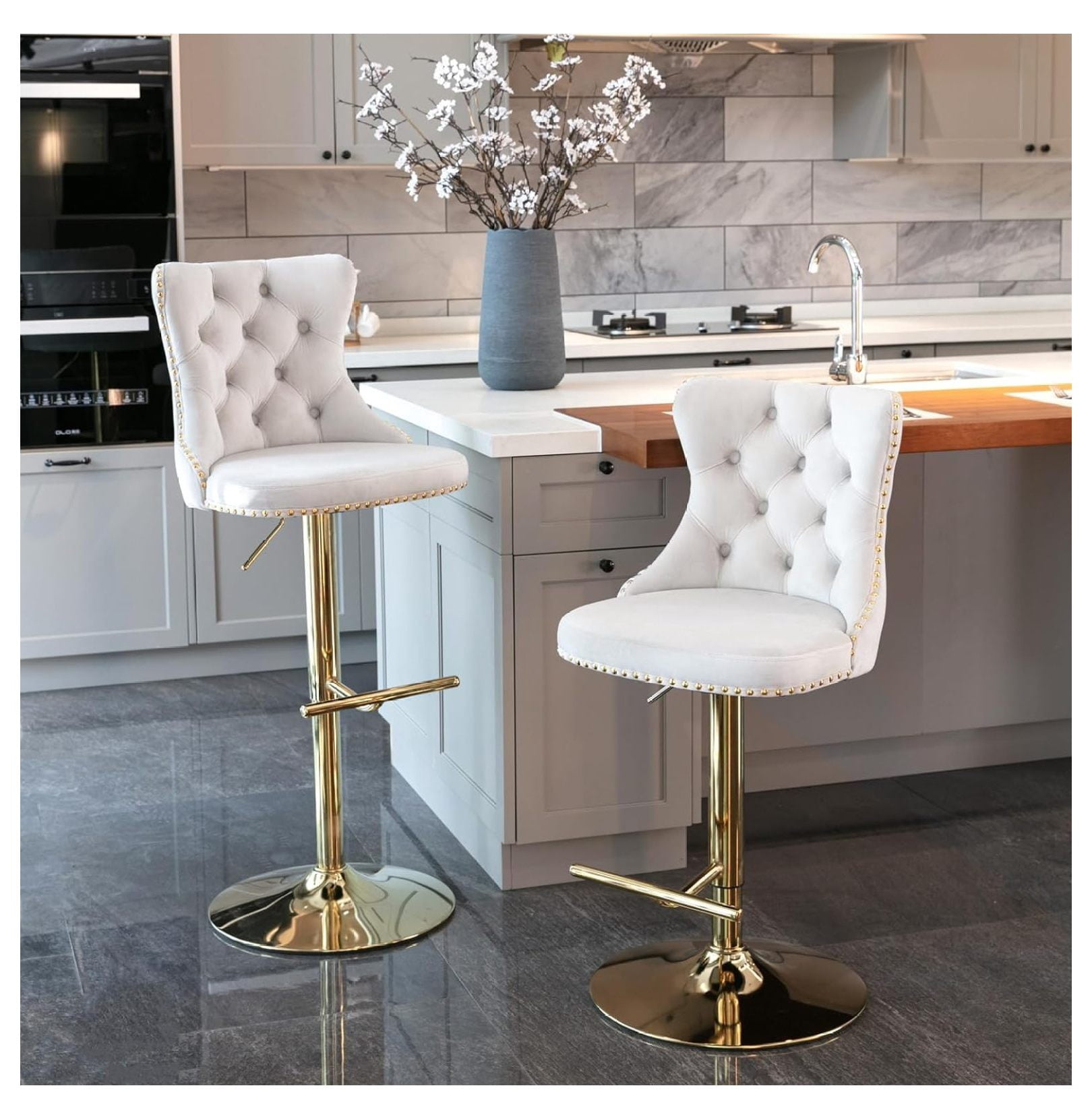 Bar Stools Set of 2, Swivel Barstools with Nailheads Trim, Velvet ...