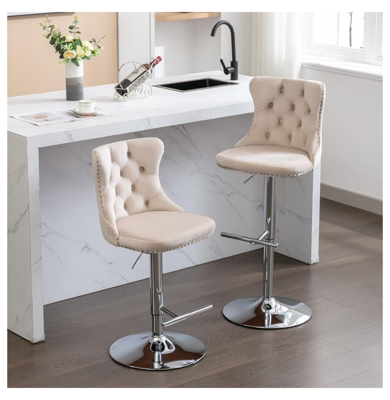 Bar Stools Set of 2, Swivel Barstools with Nailheads Trim, Velvet ...