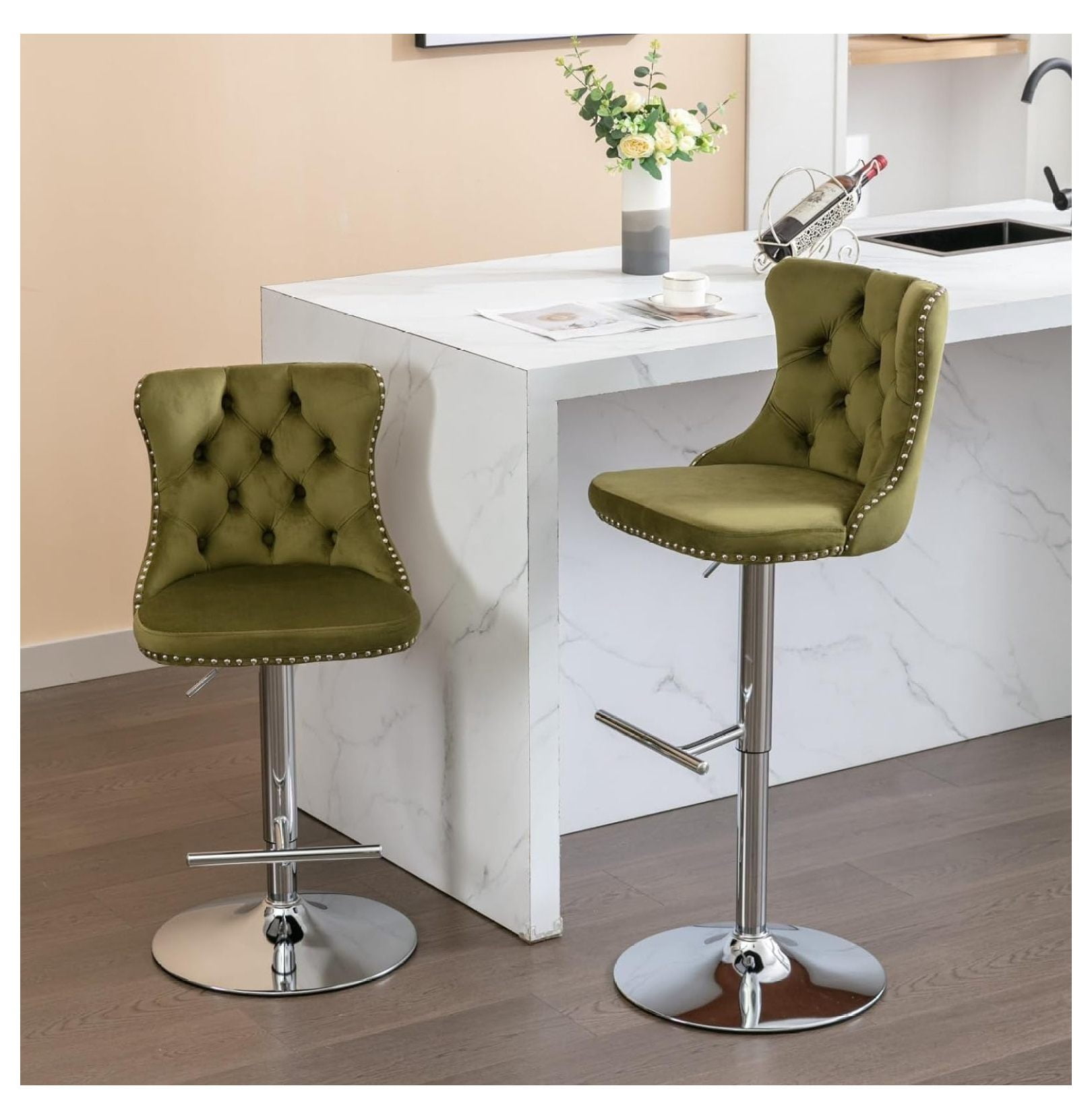 Bar Stools Set of 2, Swivel Barstools with Nailheads Trim, Velvet Button Tufted Back and Silver ...