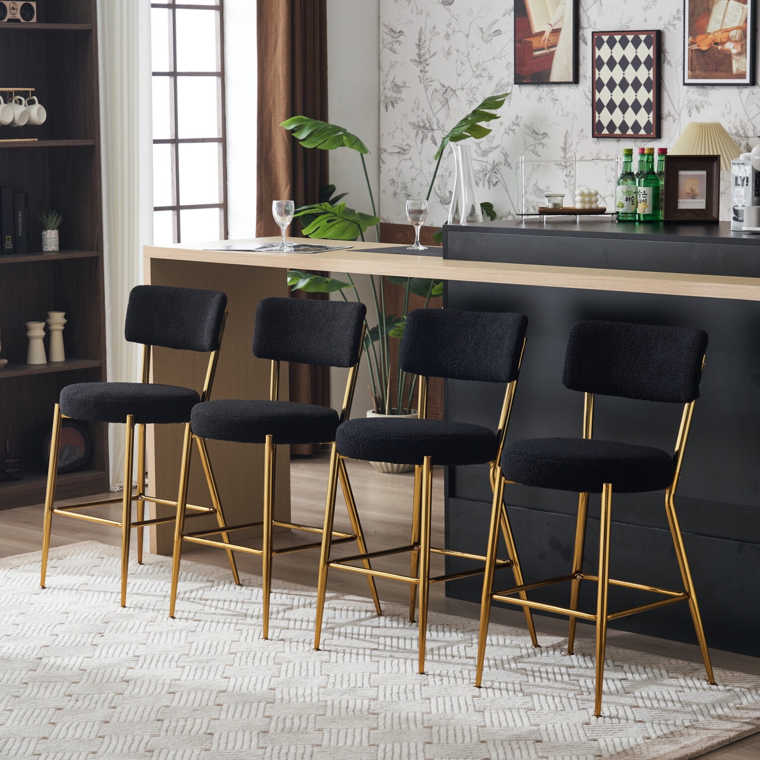 Bar Stools Set of 2, Upholstered Boucle Counter Height Bar Stools with ...