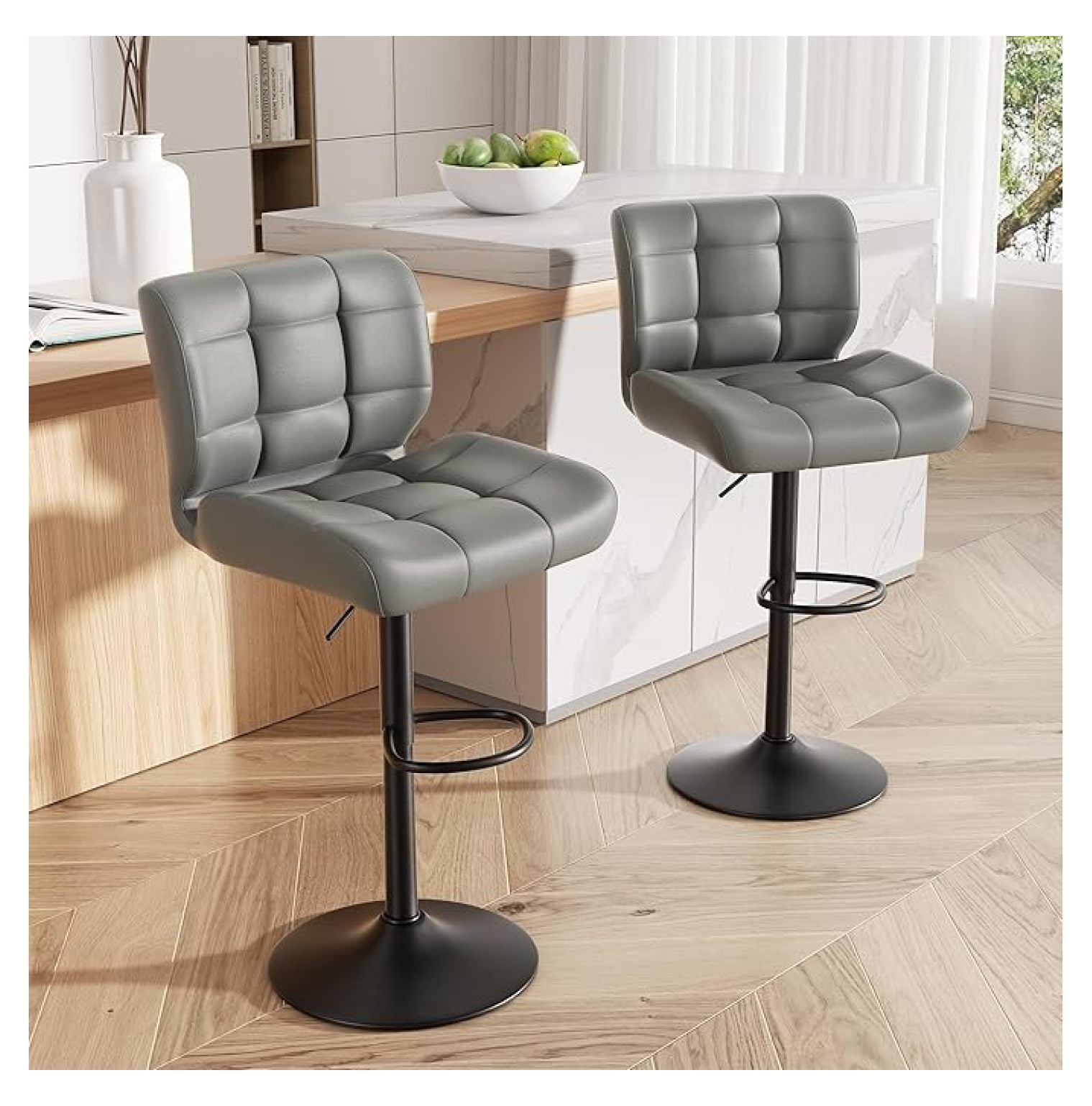 Bar Stools Set of 2, Upholstered Faux Leather Swivel Bar Stools, Modern ...