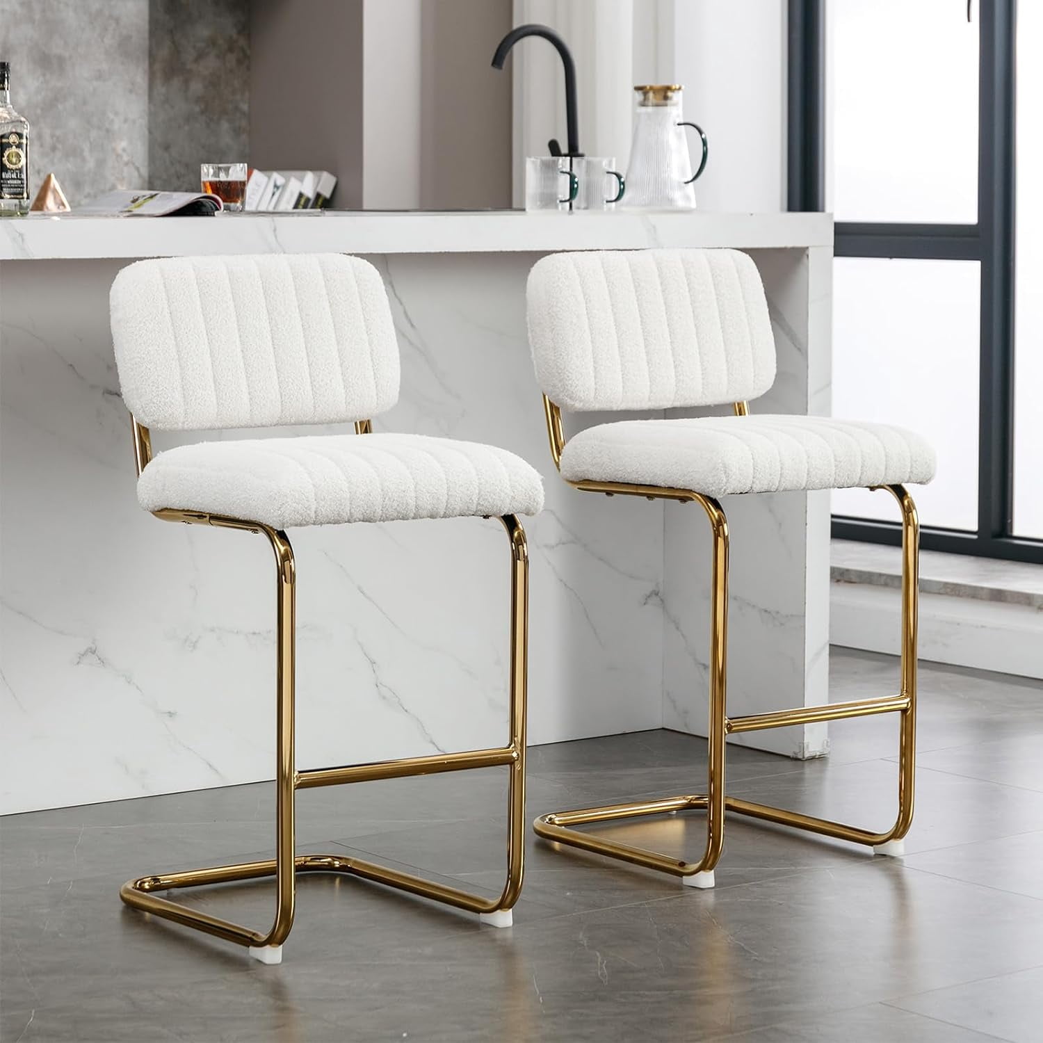 Bar Stools Set of 2, Upholstered Tufted Bar Chairs with Back, 27 Inches ...