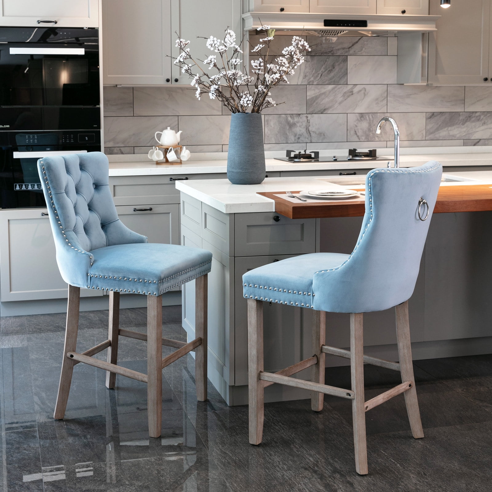 Bar Stools Set of 2, Velvet Button Tufted Upholstered Counter Height ...