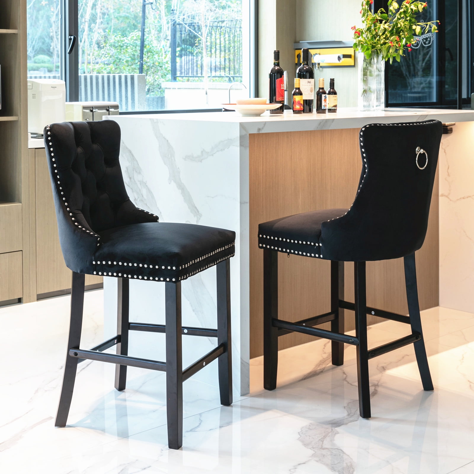 Bar Stools Set of 2, Velvet Button Tufted Upholstered Counter Height ...