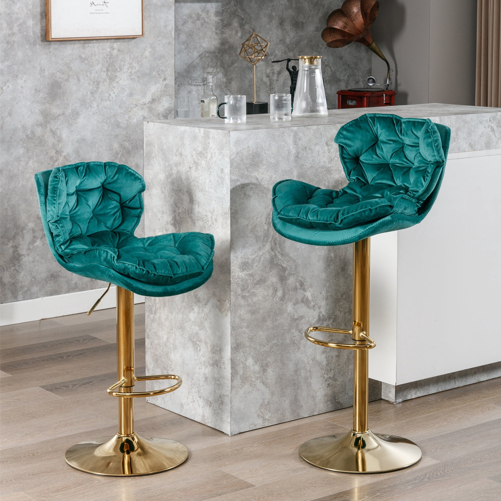 Bar Stools Set of 2,Velvet Counter Height Adjustable Barstools,Wingback ...