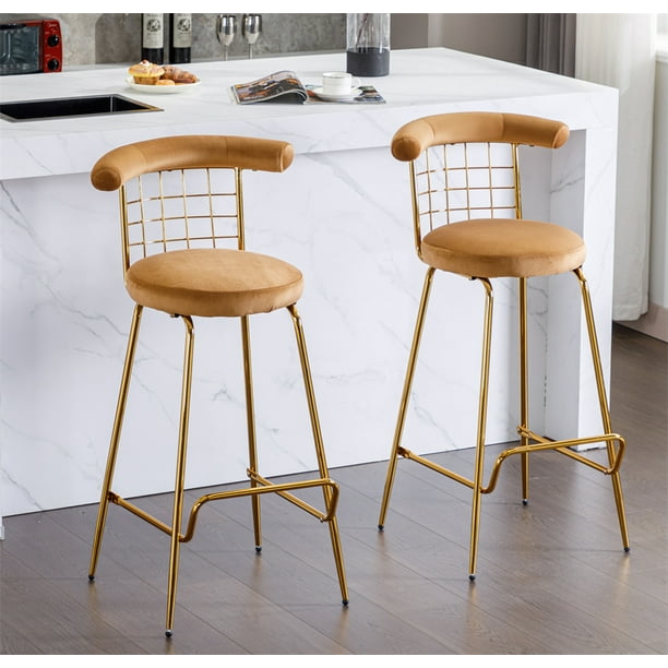 Bar Stools Set of 2, Velvet High Bar Chairs with Metal Legs and Soft ...