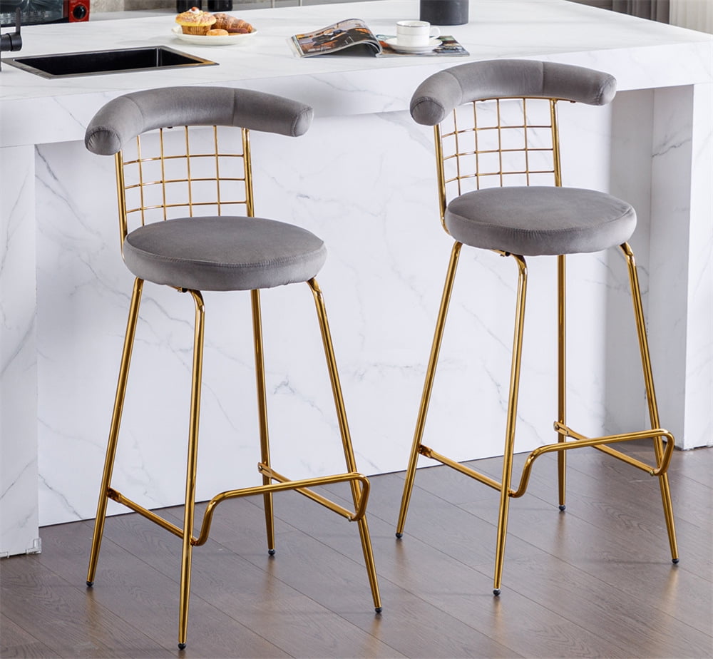 Bar Stools Set of 2, Velvet High Bar Chairs with Metal Legs and Soft ...