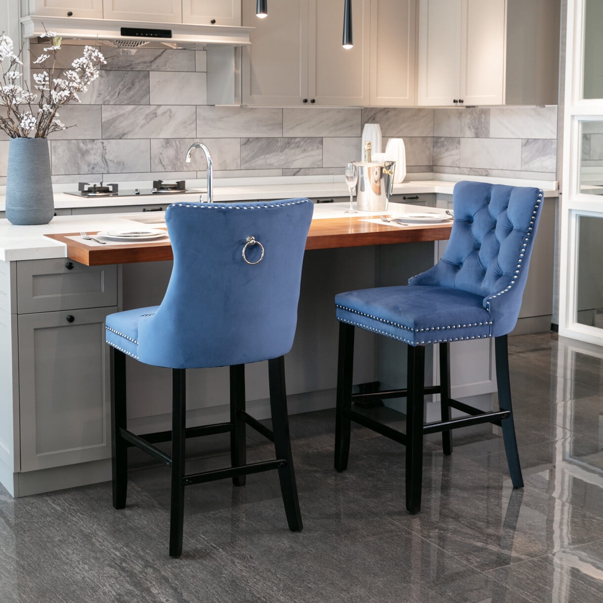 Bar Stools Set of 2,Velvet Tufted Bar Stools with Back and Footrest ...