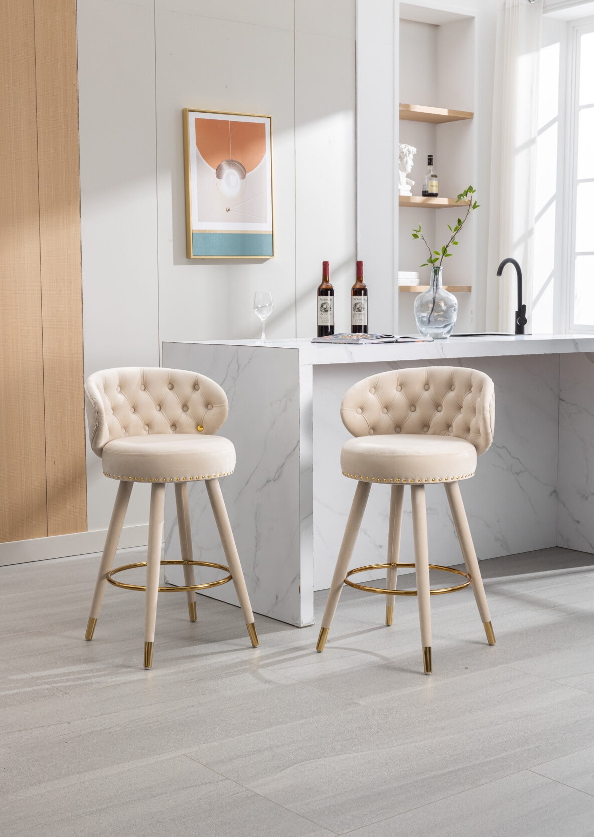 Bar Stools Set of 2,Wood Counter Height Bar Stools with Tufted Back and ...