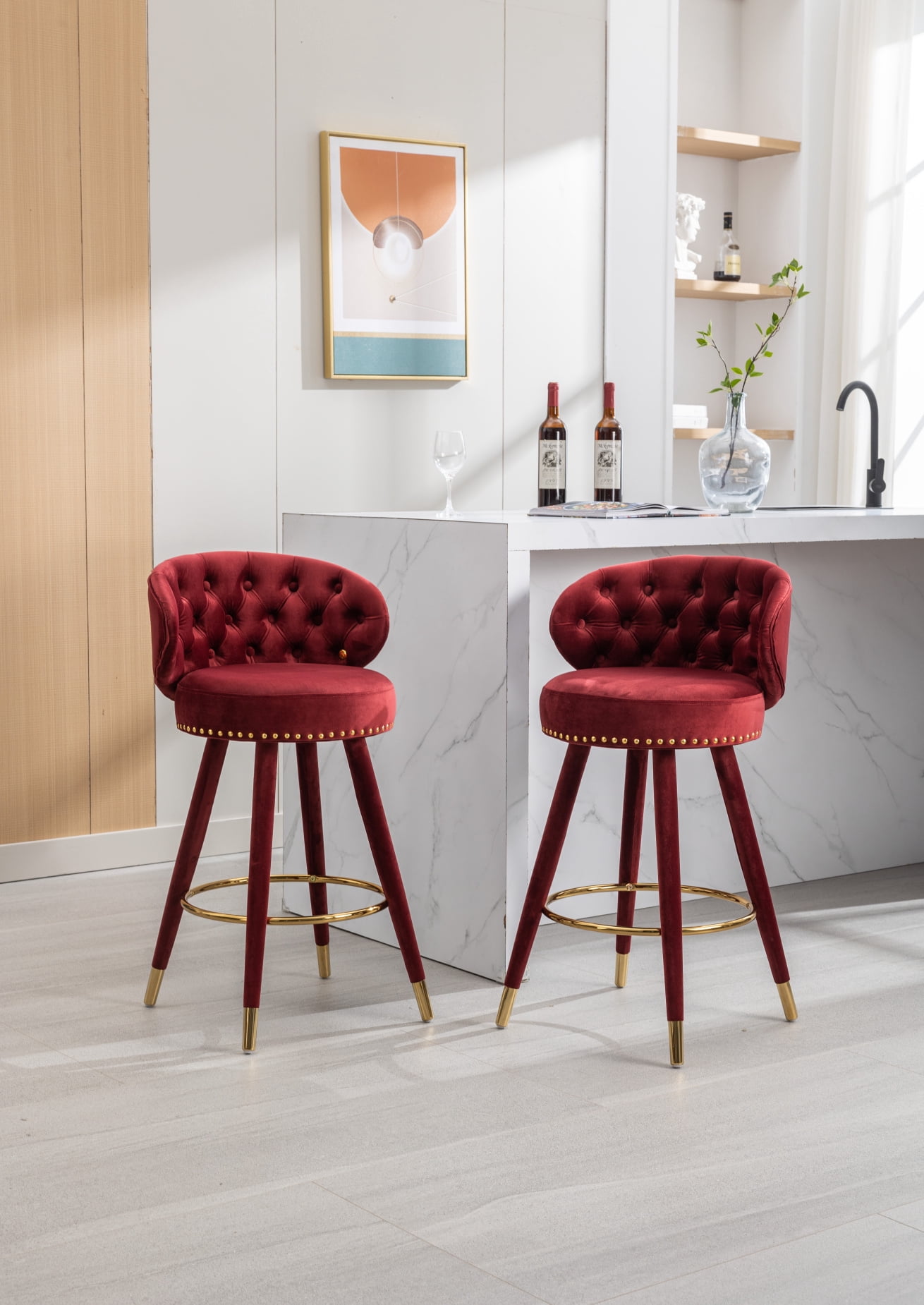 Bar Stools Set of 2,Wood Counter Height Bar Stools with Tufted Back and ...