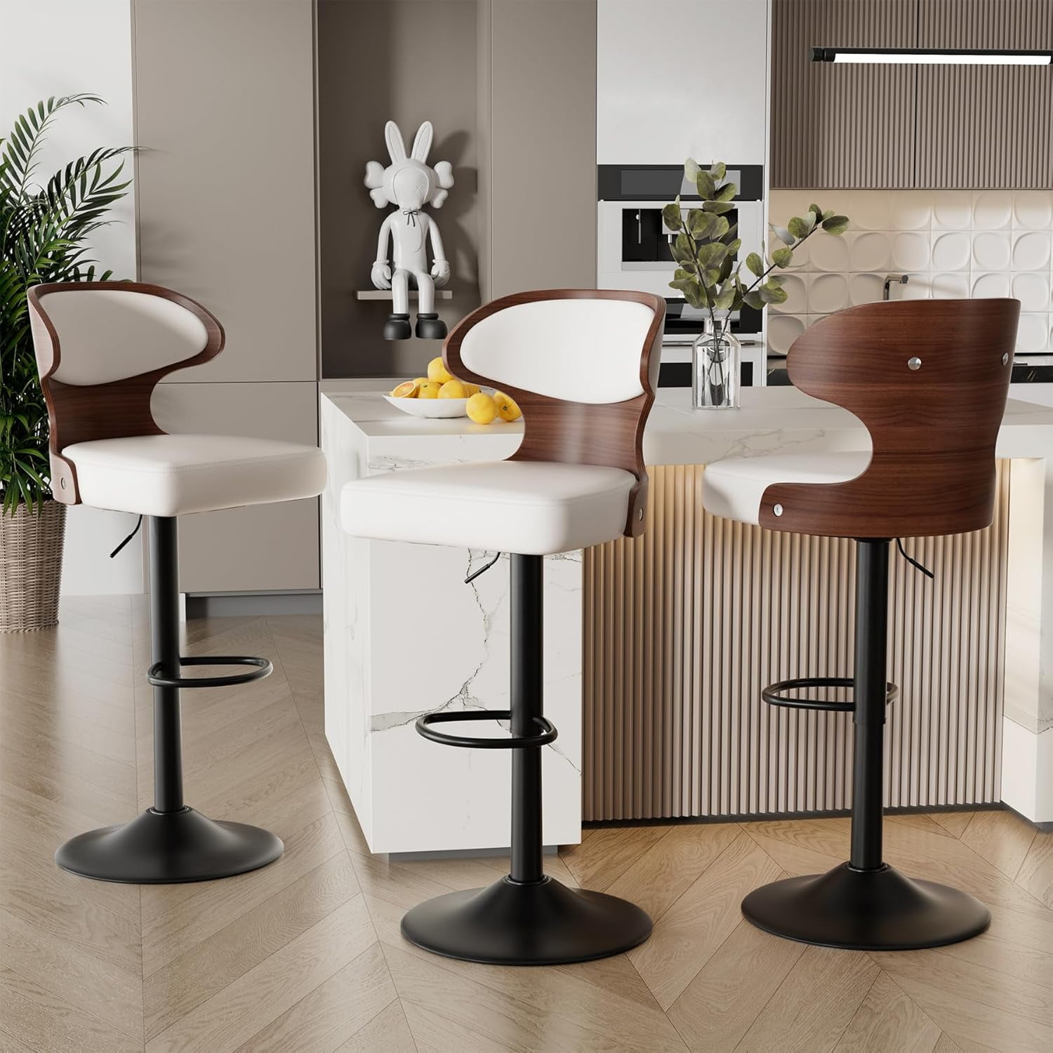 Bar Stools Set of 3 Adjustable Height Swivel Bar Stools Faux Leather ...