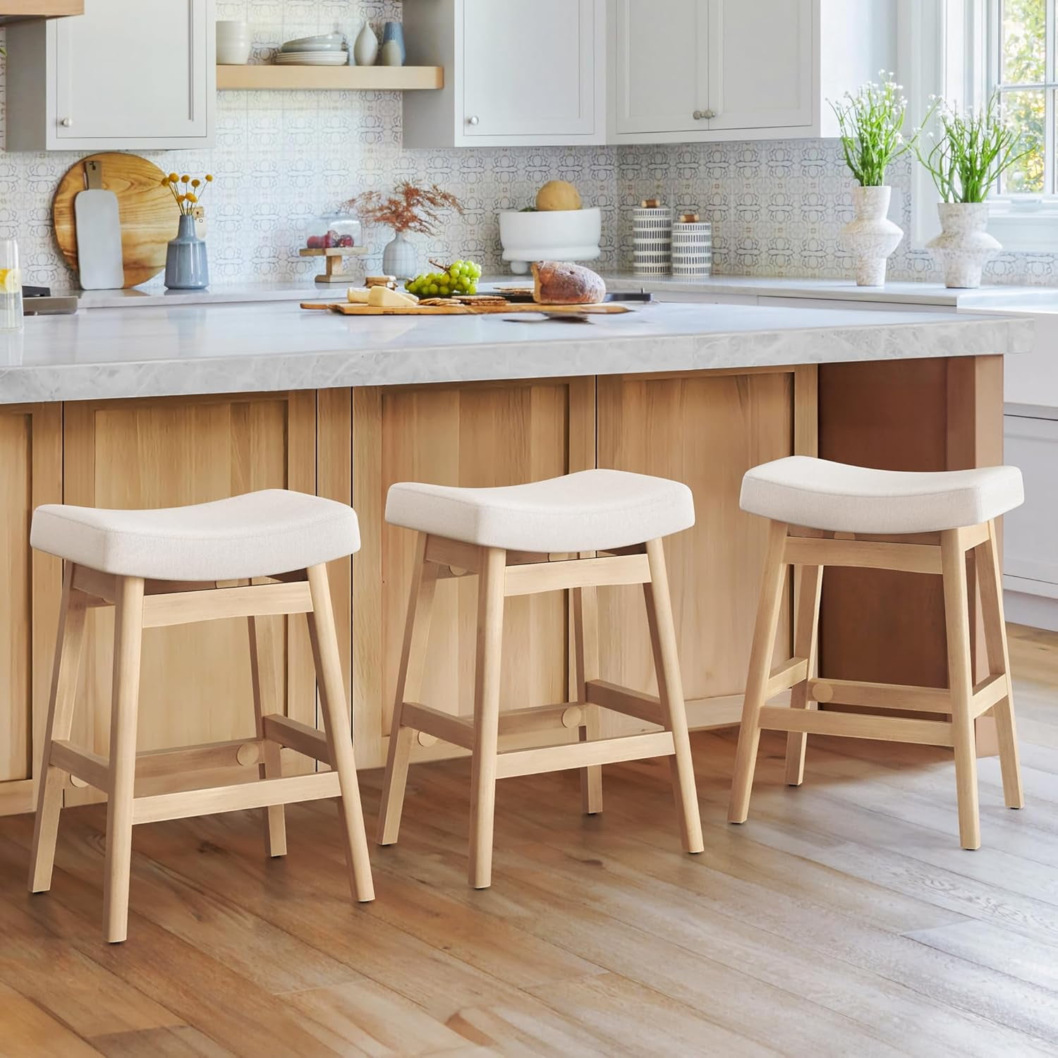Bar Stools Set of 3, Barstools with Sturdy Wood Legs, Saddle Seat ...