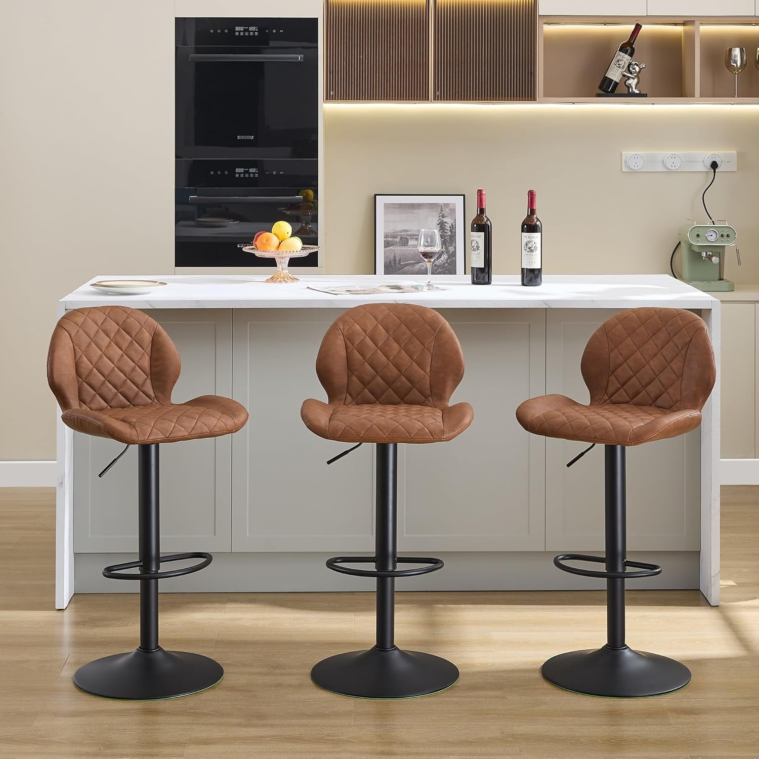 Bar Stools Set of 3, Brown Swivel Bar Stools with Back, Adjustable Bar ...