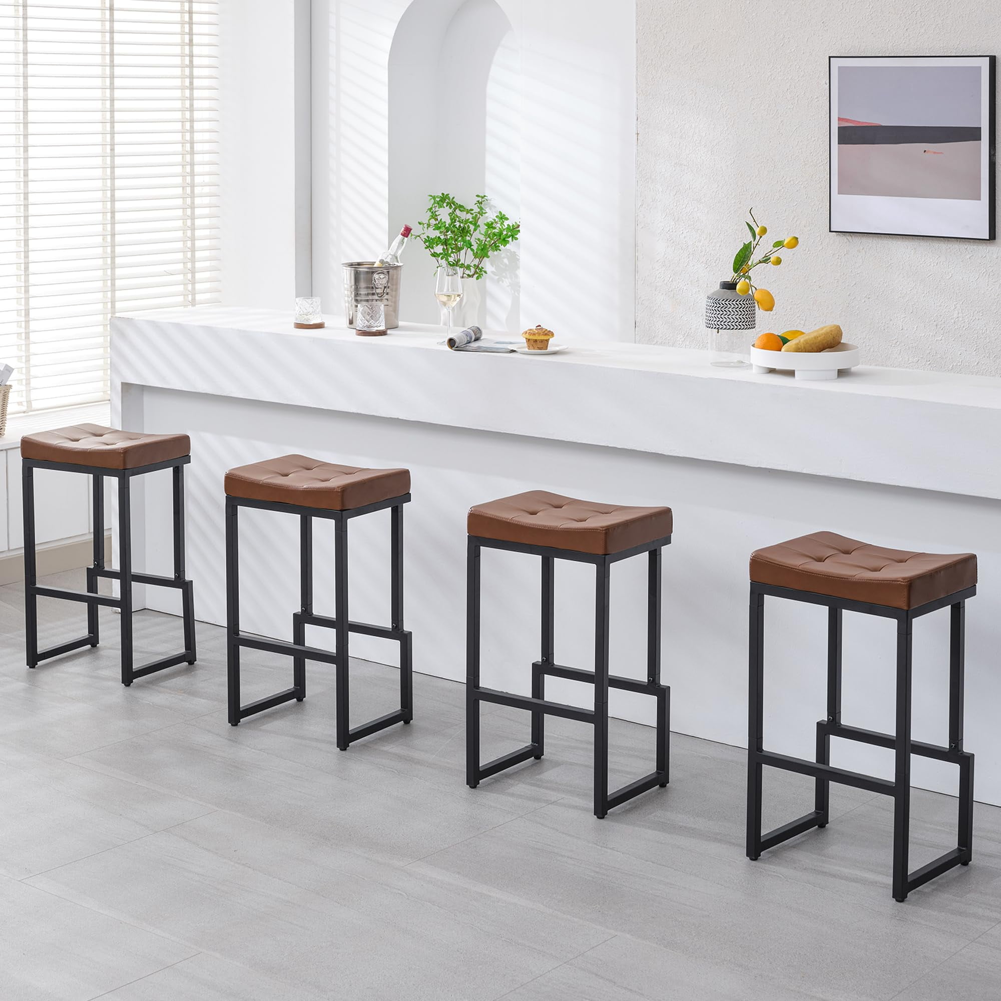 Bar Stools Set of 4, 28 Inch Counter Height Saddle Stools, Backless ...