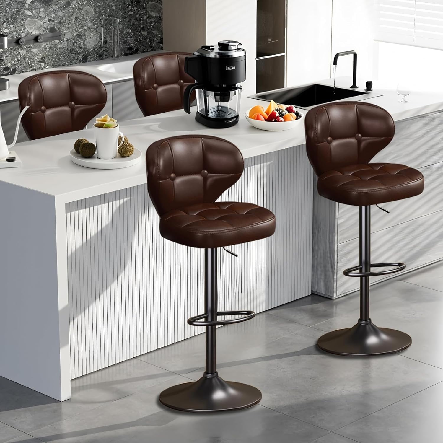 Bar Stools Set of 4, Adjustable Swivel Bar Chairs with Backrest and ...
