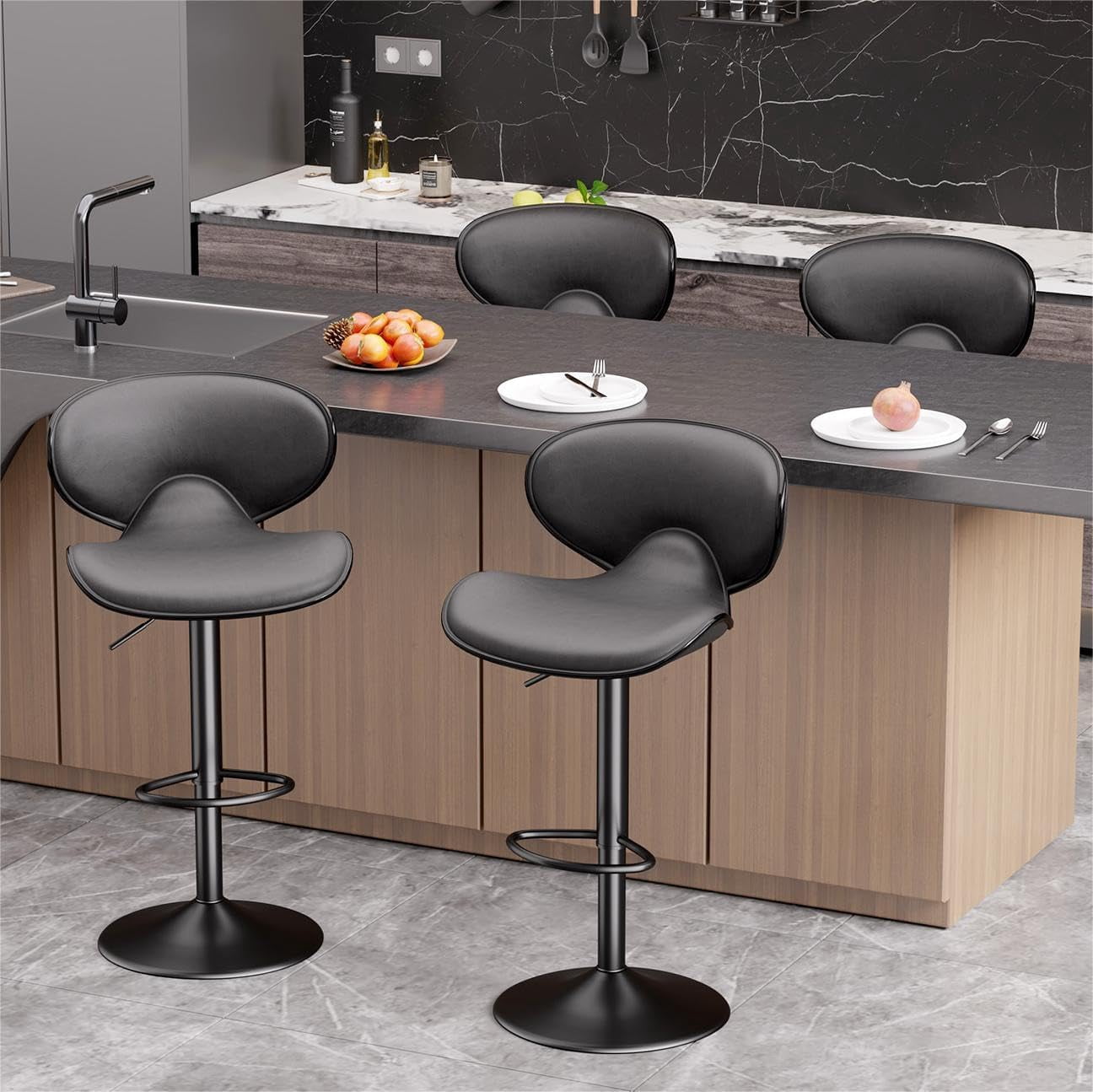 Bar Stools Set of 4, Faux Leather Bar Stools with Back, Chic Swivel ...