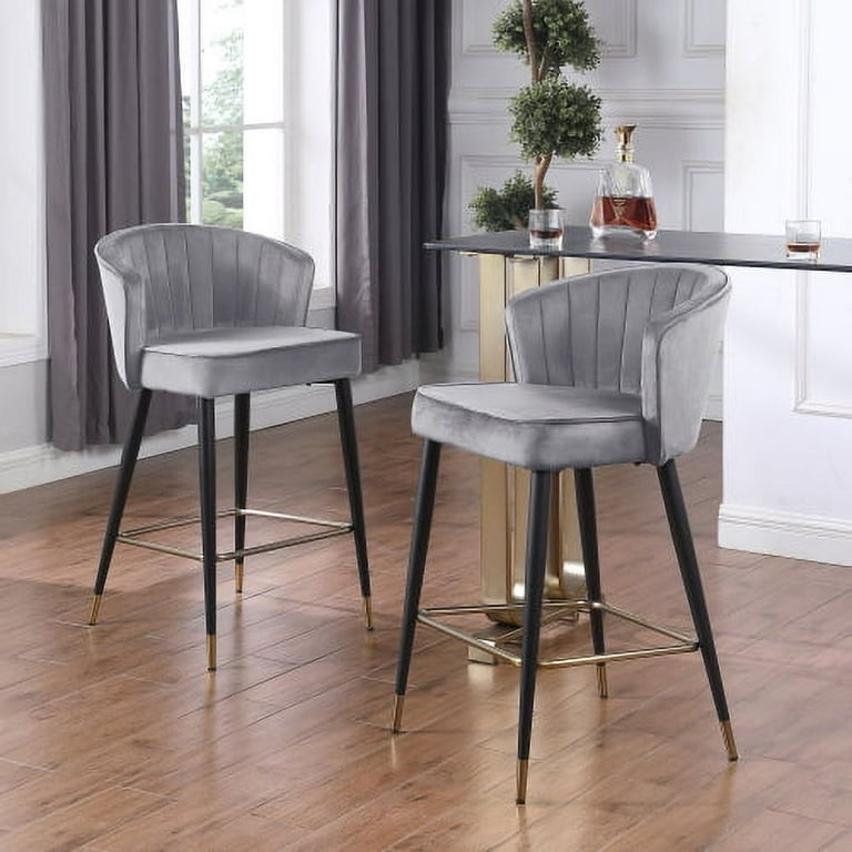 Bar Stools Set Of 2 Velvet Upholstered Counter Height Barstools with Black Metal Legs and Foot Rest Modern High Back Bar Chairs for Dining Room Kitchen Island Pub Gray Walmart
