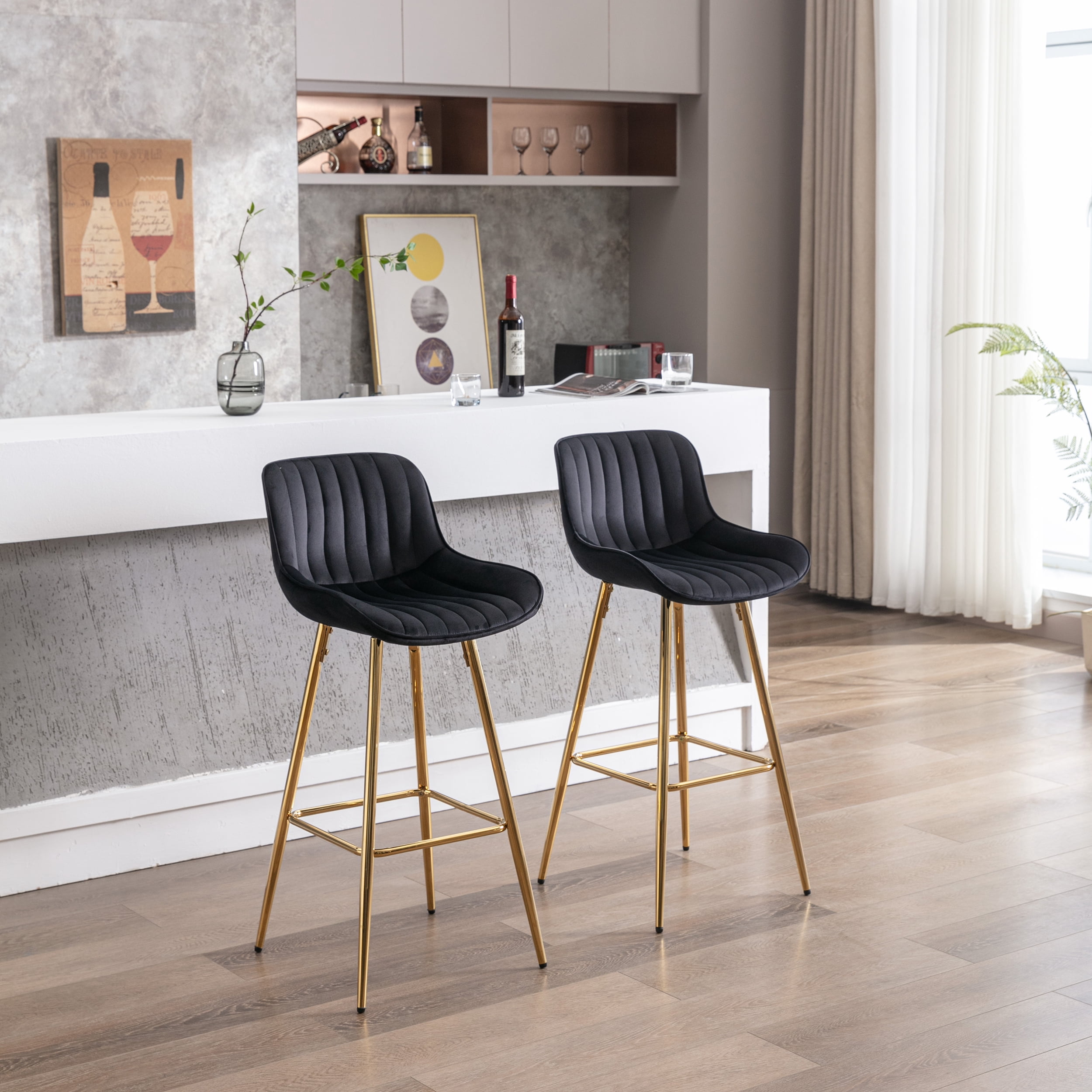 Bar Stools Set Of 2 Velvet Upholstered Counter Height Barstools with ...
