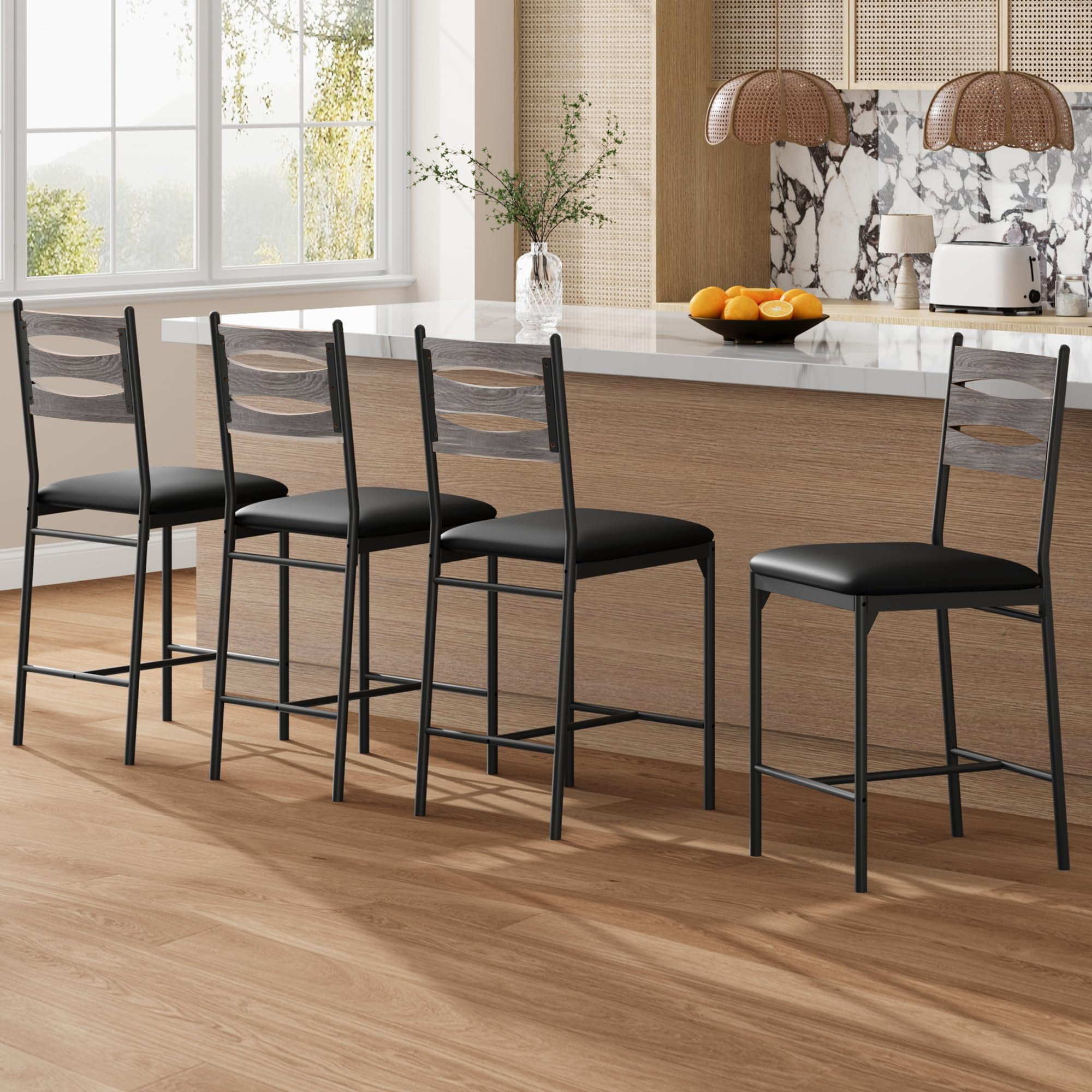 Bar Stools Set, Upholstered Counter Height Bar Stools with Backrest and ...