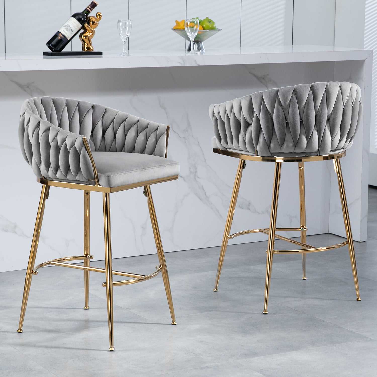 Bar Stools Set of 2, 26 Inch Counter Height Velvet Bar Stools with Hand ...