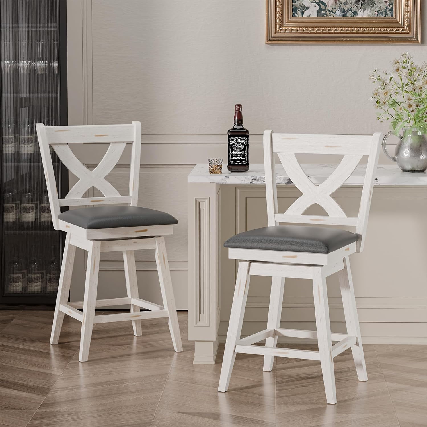 Bar Stools Set of 2, 360 Degree Swivel Counter Height Bar Chairs with X ...