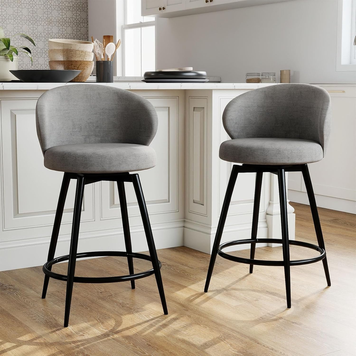 Bar Stools Set of 2, 360° Swivel Breathable Fabric Kitchen Counter ...