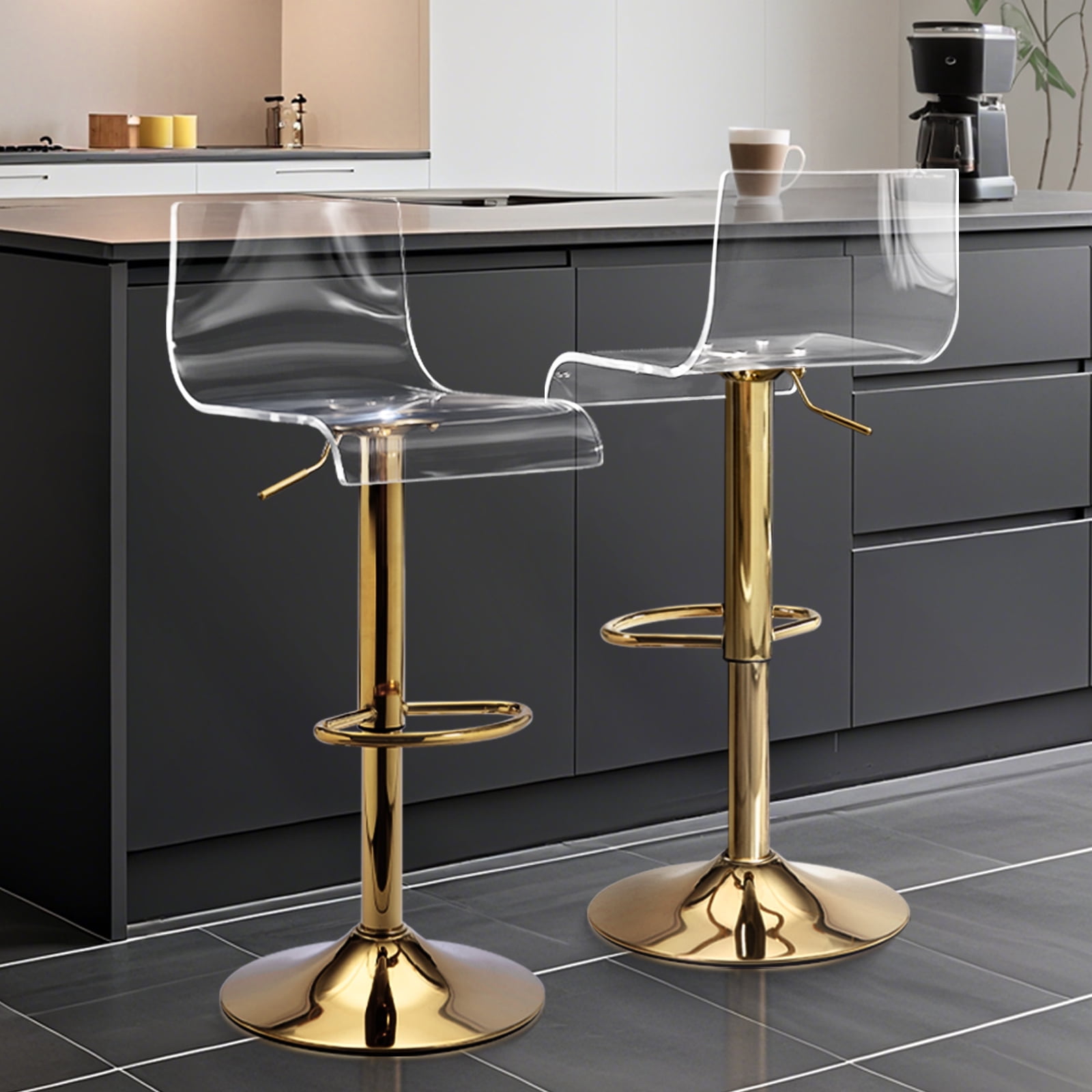 Bar Stools Set of 2, Acrylic Bar Stools with Mid Back, Transparent ...