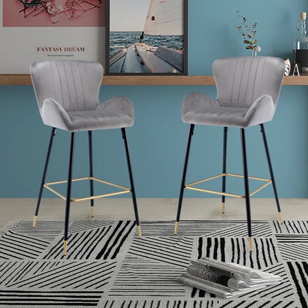 Bar Stools Set of 2 Barstools Velvet Stool Modern Bar Chairs with Bar ...