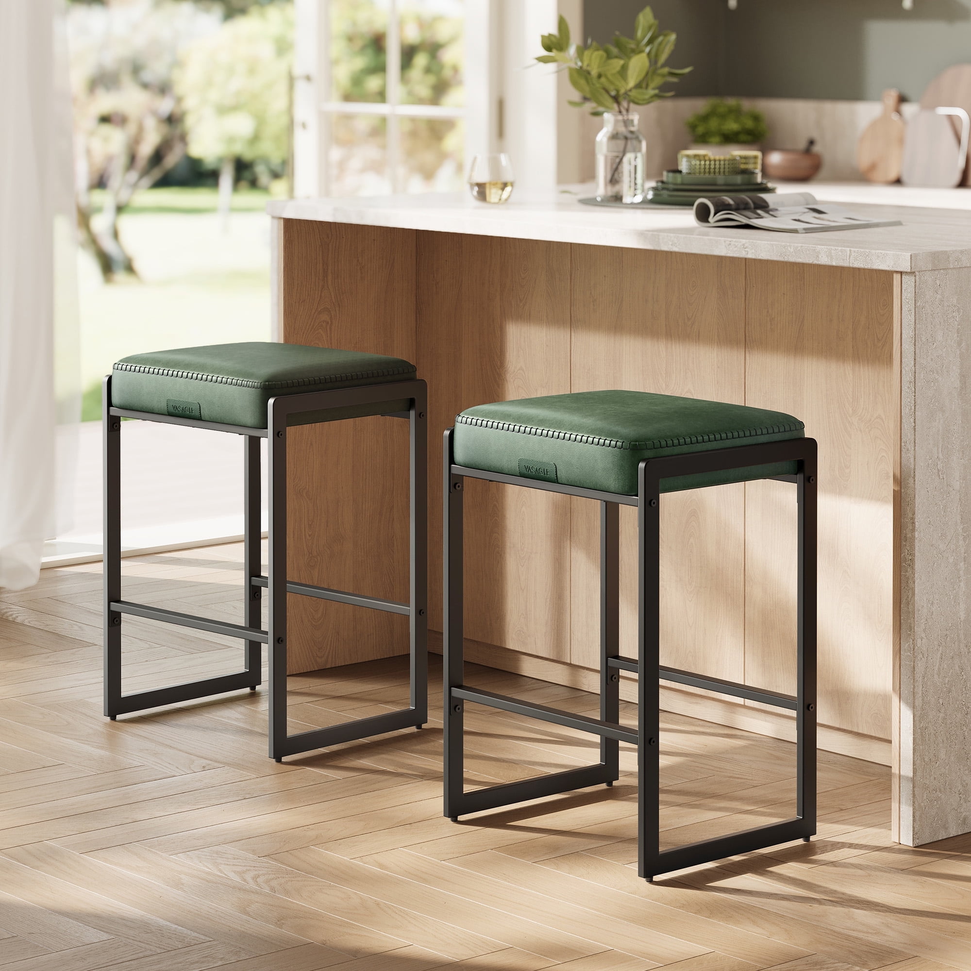 Bar Stools Set of 2, Counter Height Bar Stools, Synthetic Leather with Stitching, 26-Inch Tall ...