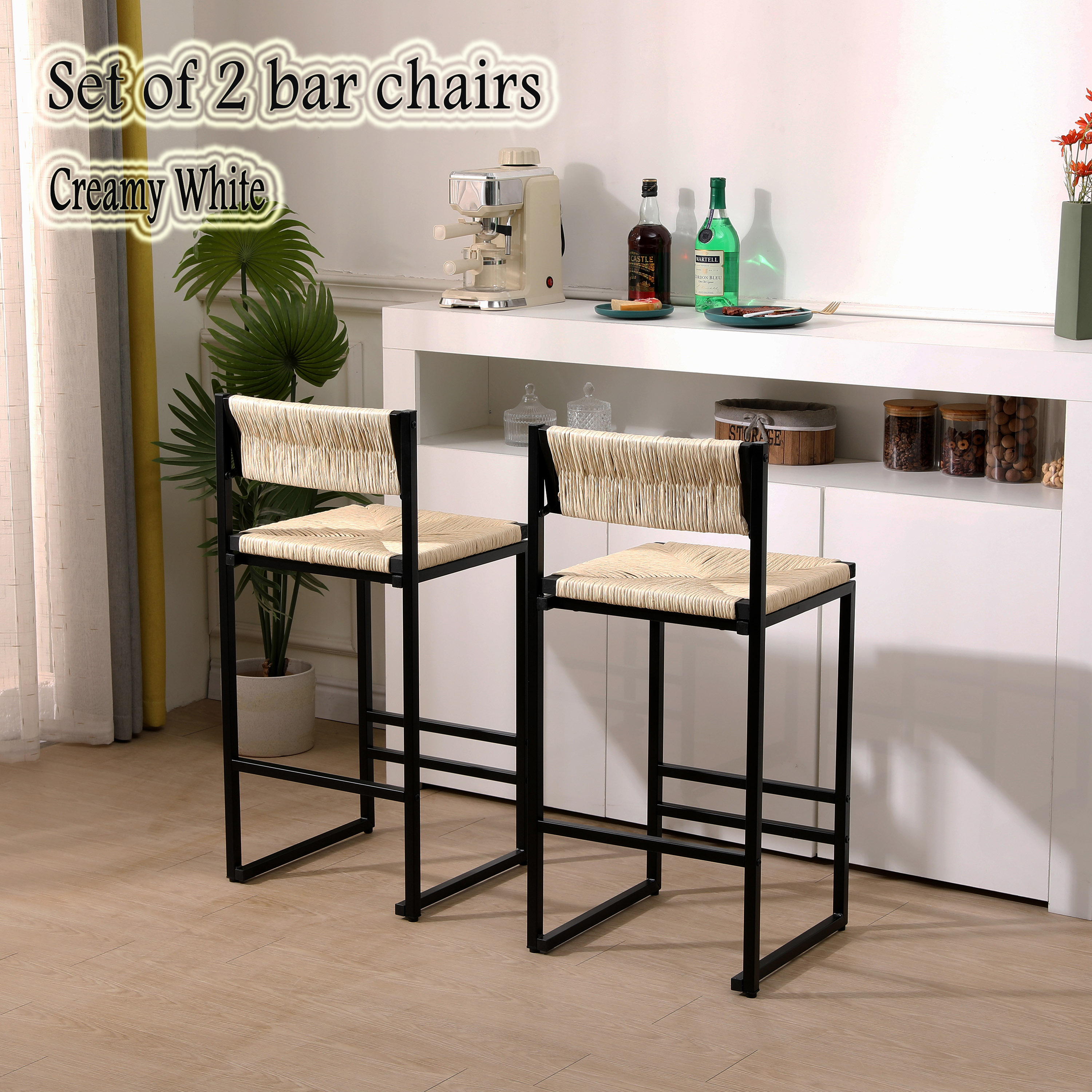 Bar Stools Set of 2 Hand Weave,Paper Rope Woven Counter Stool with ...