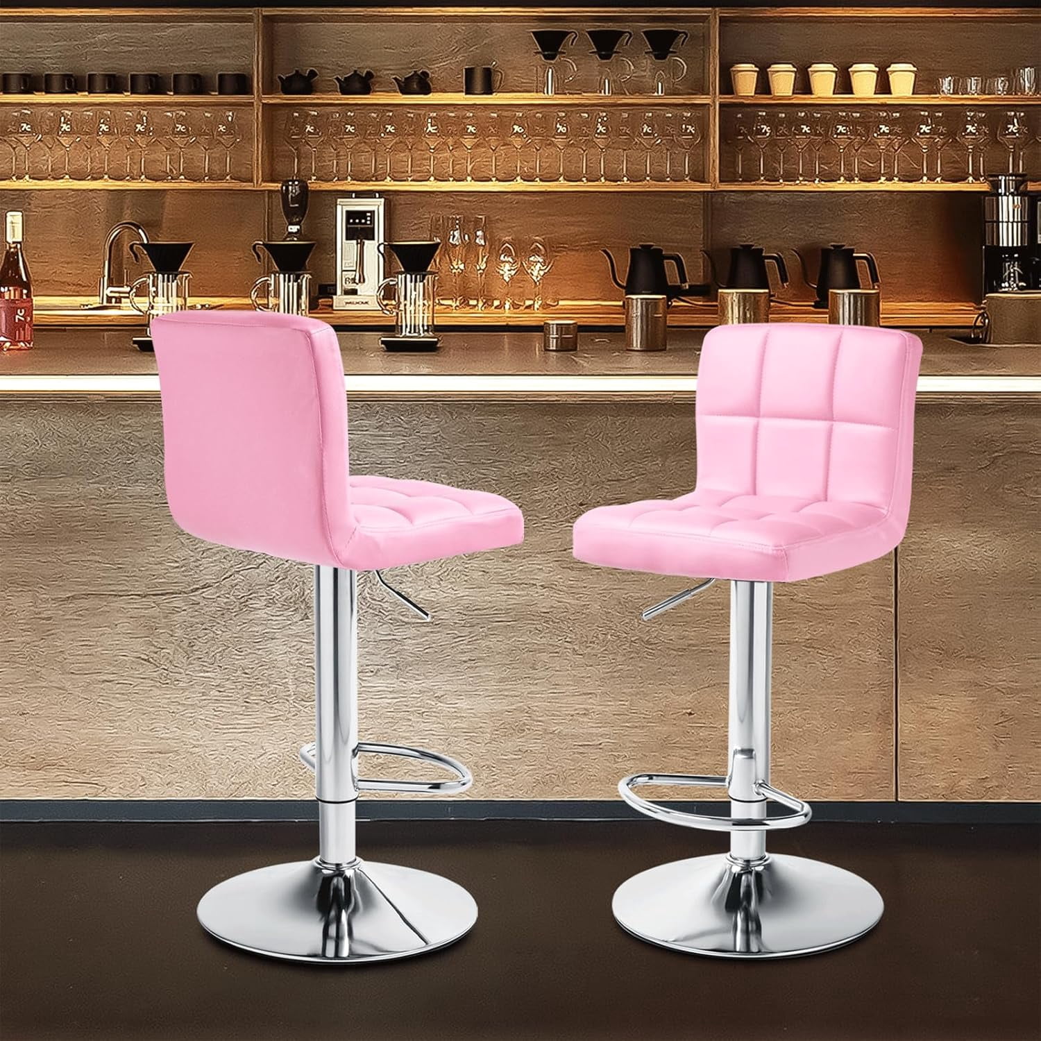 Bar Stools Set of 2, Height Adjustable & 360 Swivel, Modern Style, Pink ...