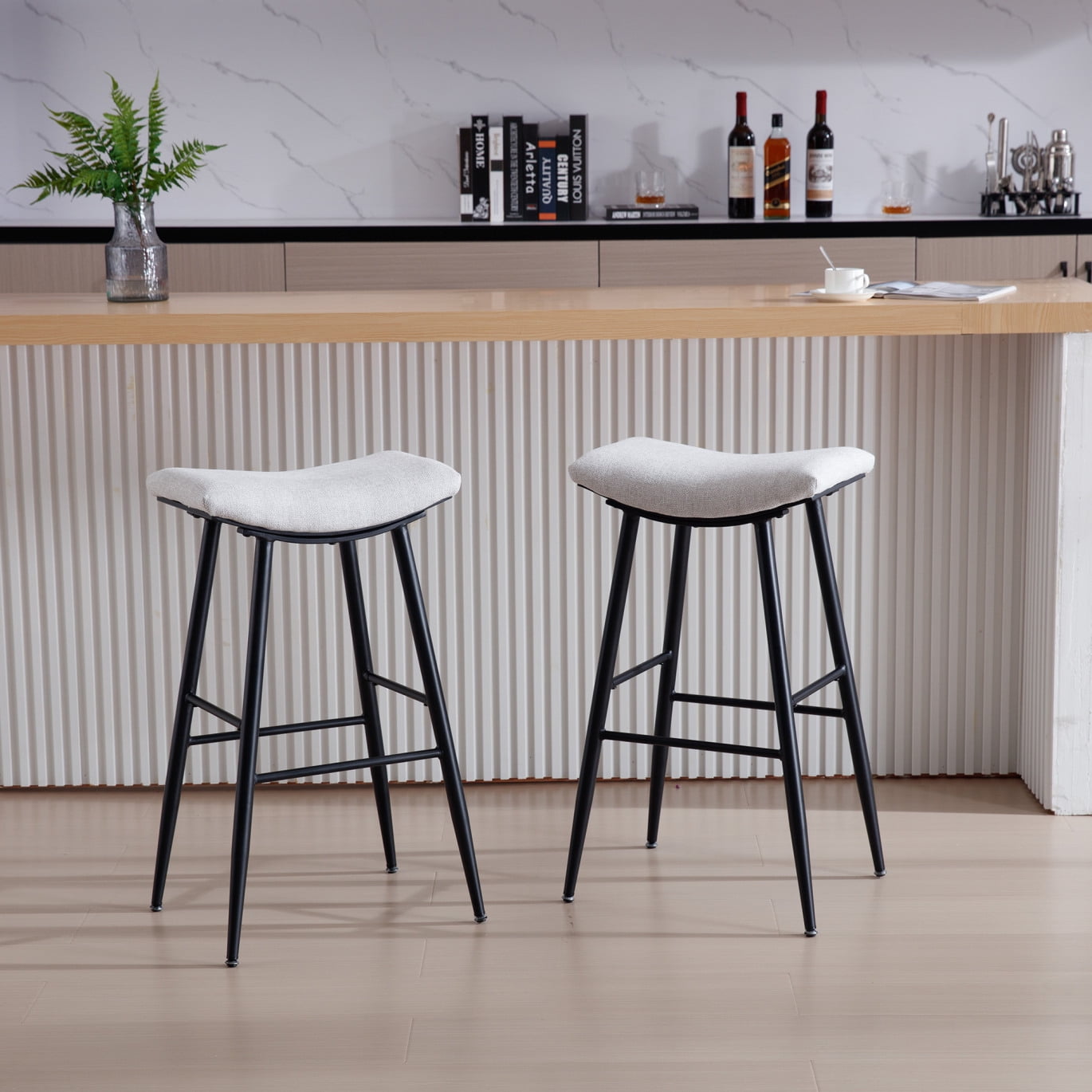Bar Stools Set of 2,Linen Fabric Upholstered Breakfast Stools With ...